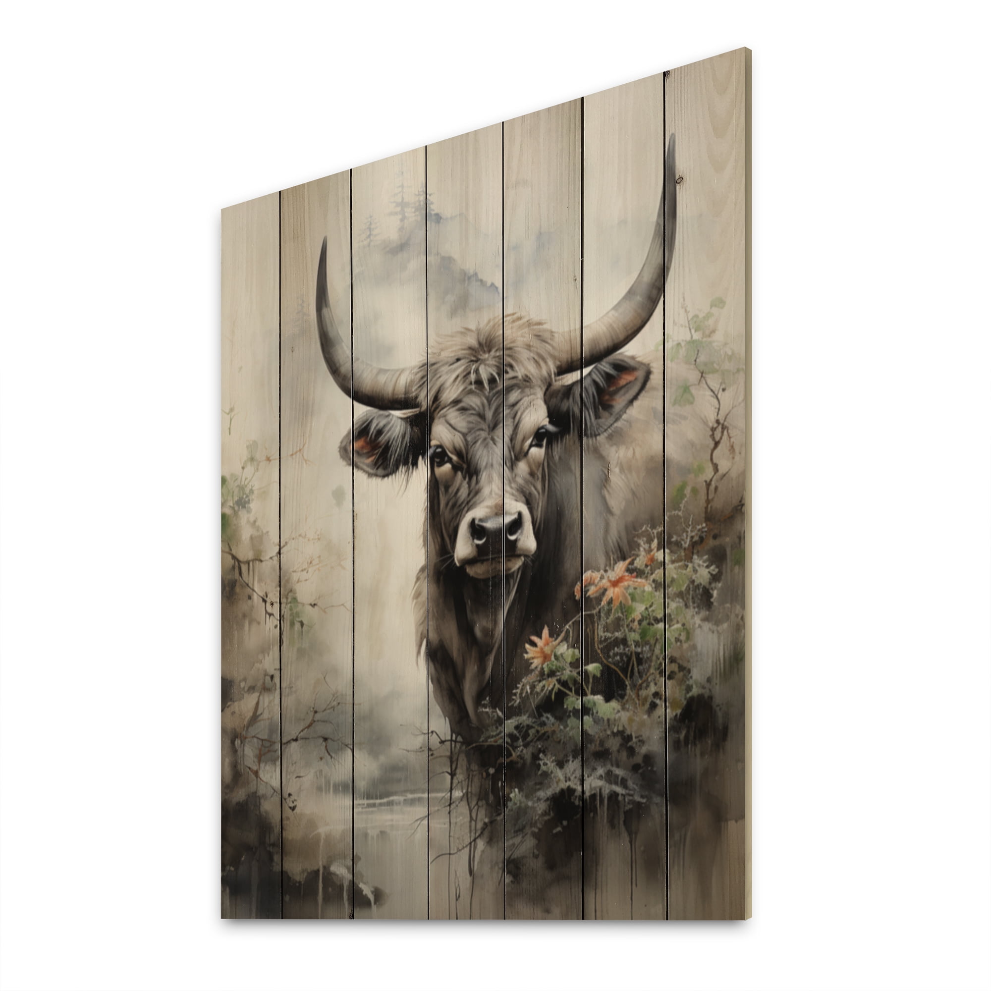 Designart "Cow Sumi Asian beauty XI" Asian Print on Natural Pine Wood ...