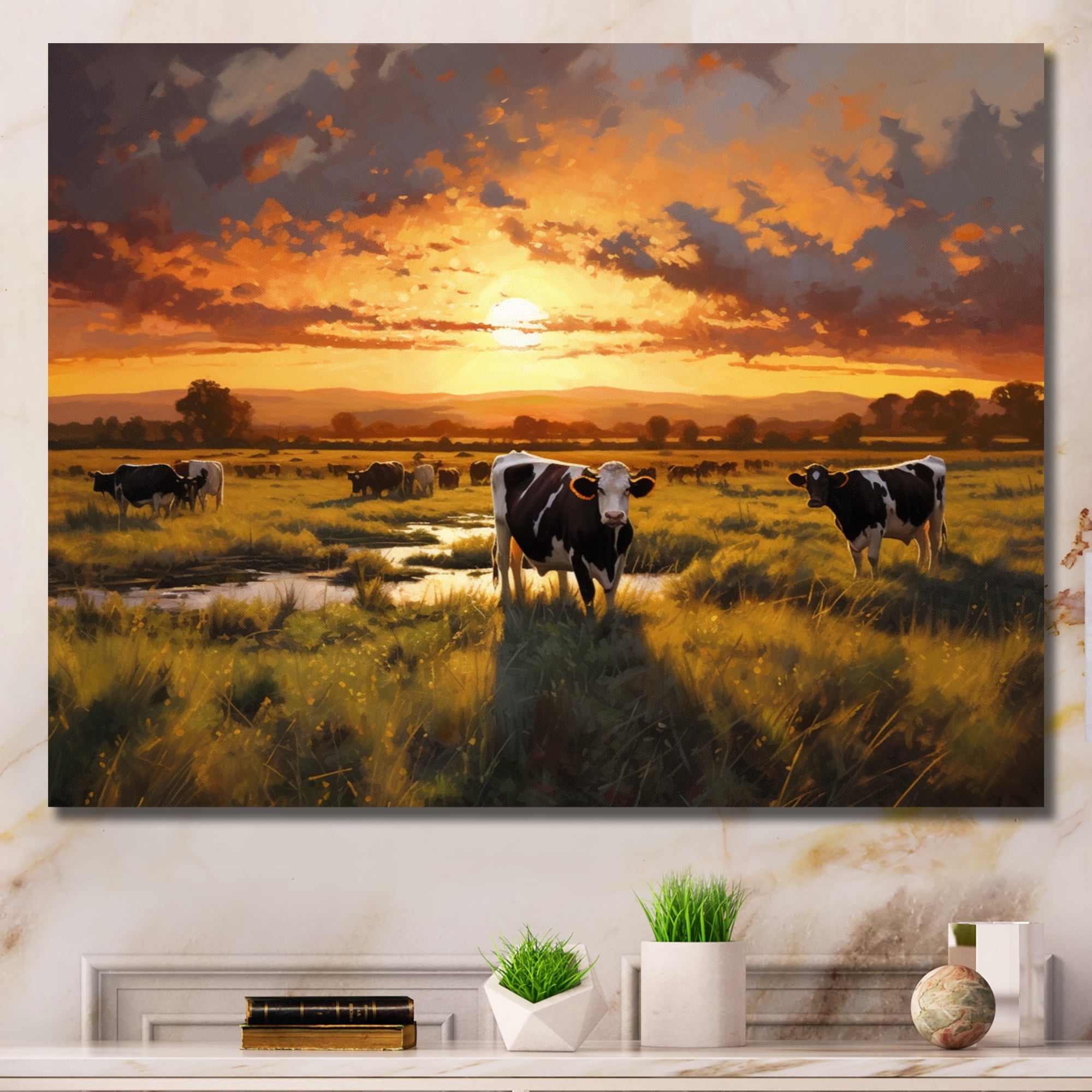 Designart "Cows At Farm horizon I" Animals Wall Art Living Room ...