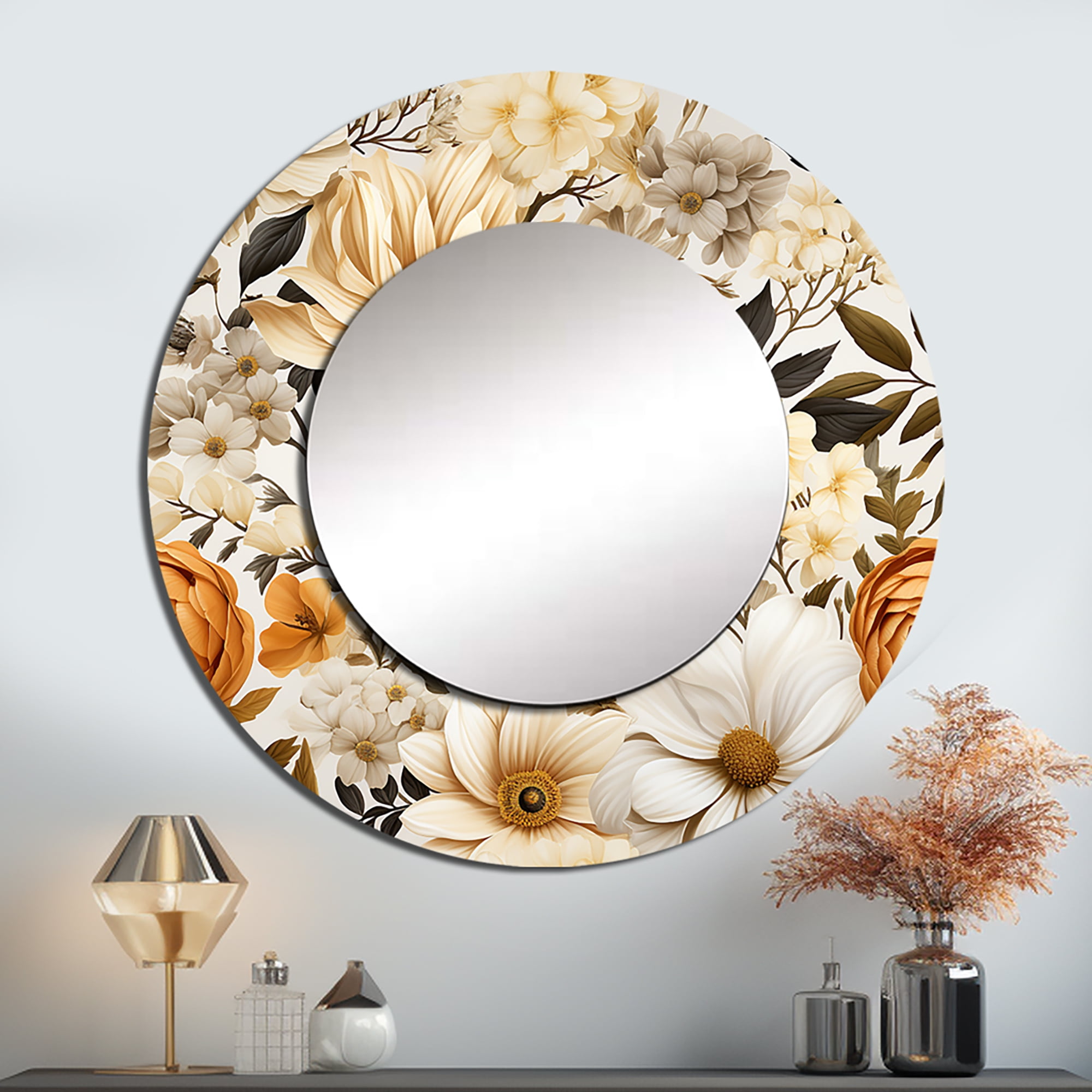 Designart "Cozy Rustic Floral Glow" Floral Rund Mirror For Wall Decor - Large Beige Round ...
