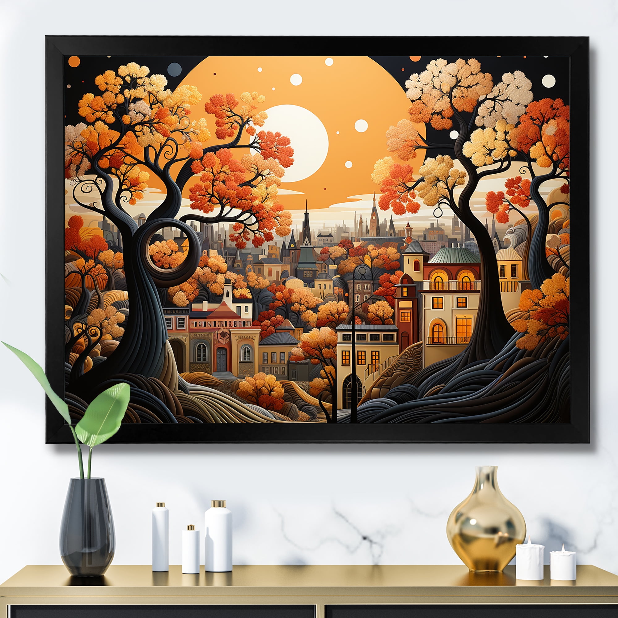 Designart "Cozy Village in Moonlit Autumn V" Cityscapes Framed Wall Art ...