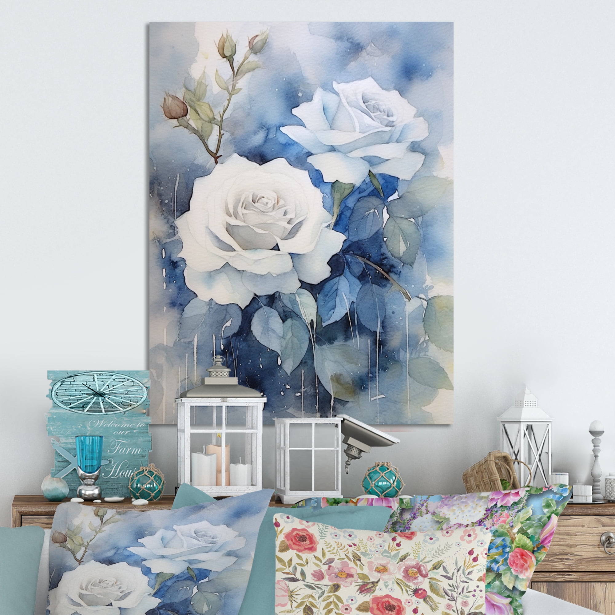 Designart "Cream Blue Rose Reverie Classic Roses" Floral Metal Wall ...