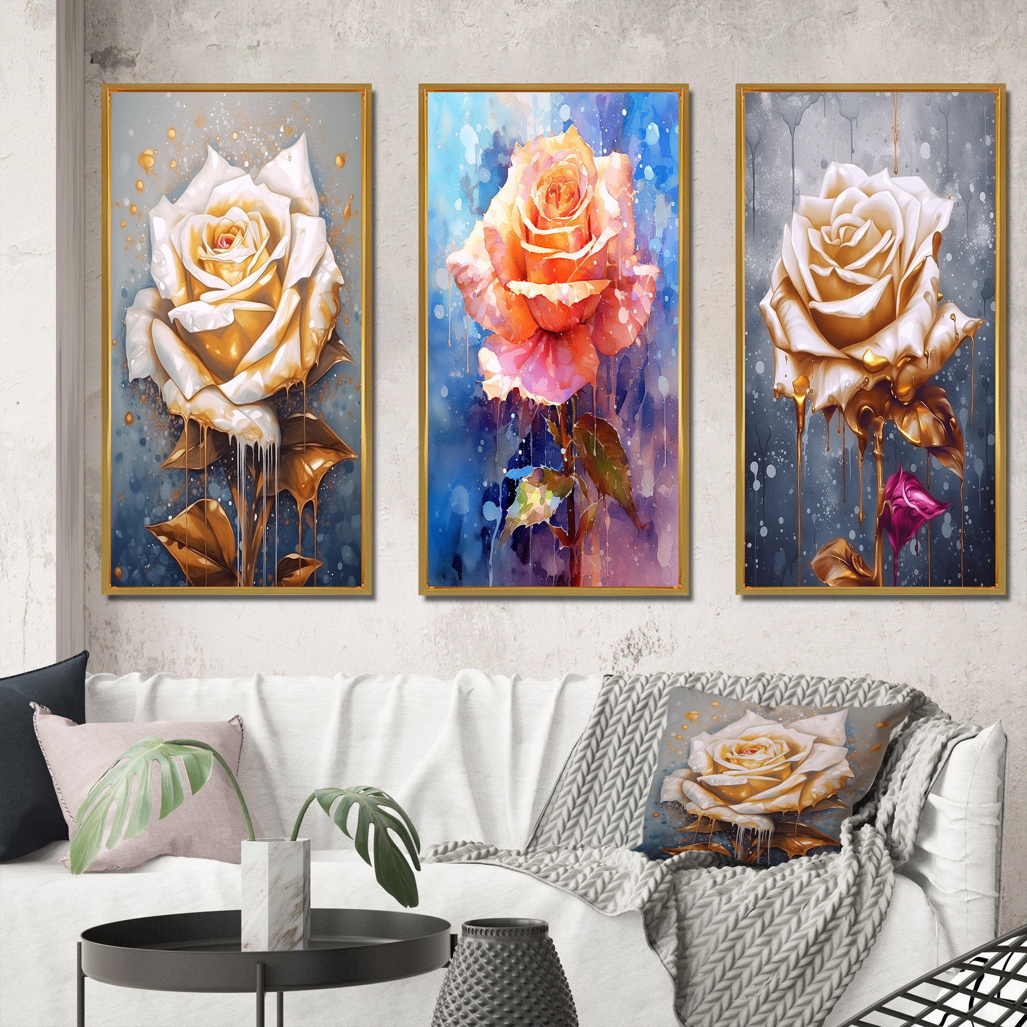 Designart "Cream Gold Rose Reverie Soft Roses" Floral Framed Wall Art ...