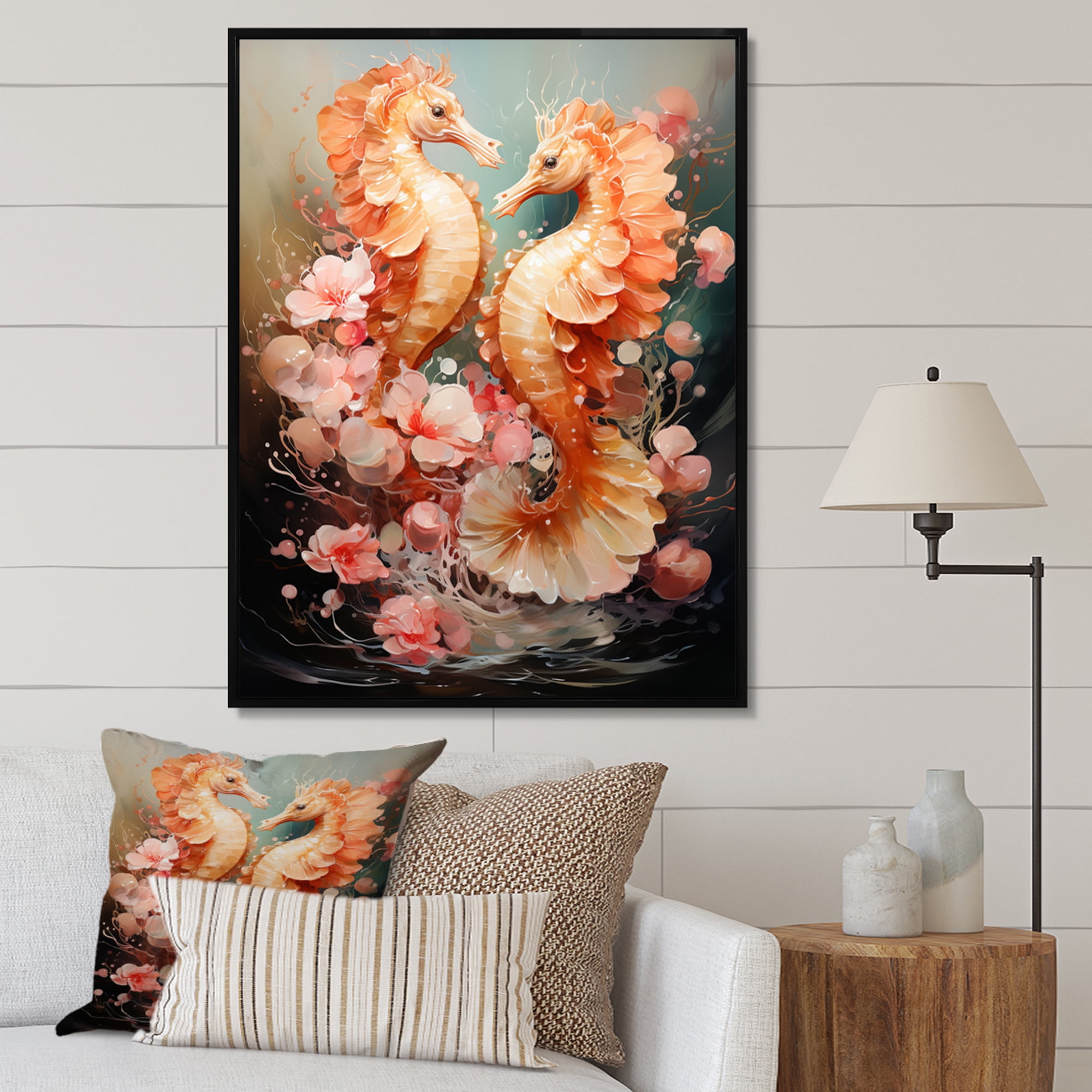 Designart "Creature Peachy Seahorse Drops" Animals Floater Framed Wall Decor - Walmart.com
