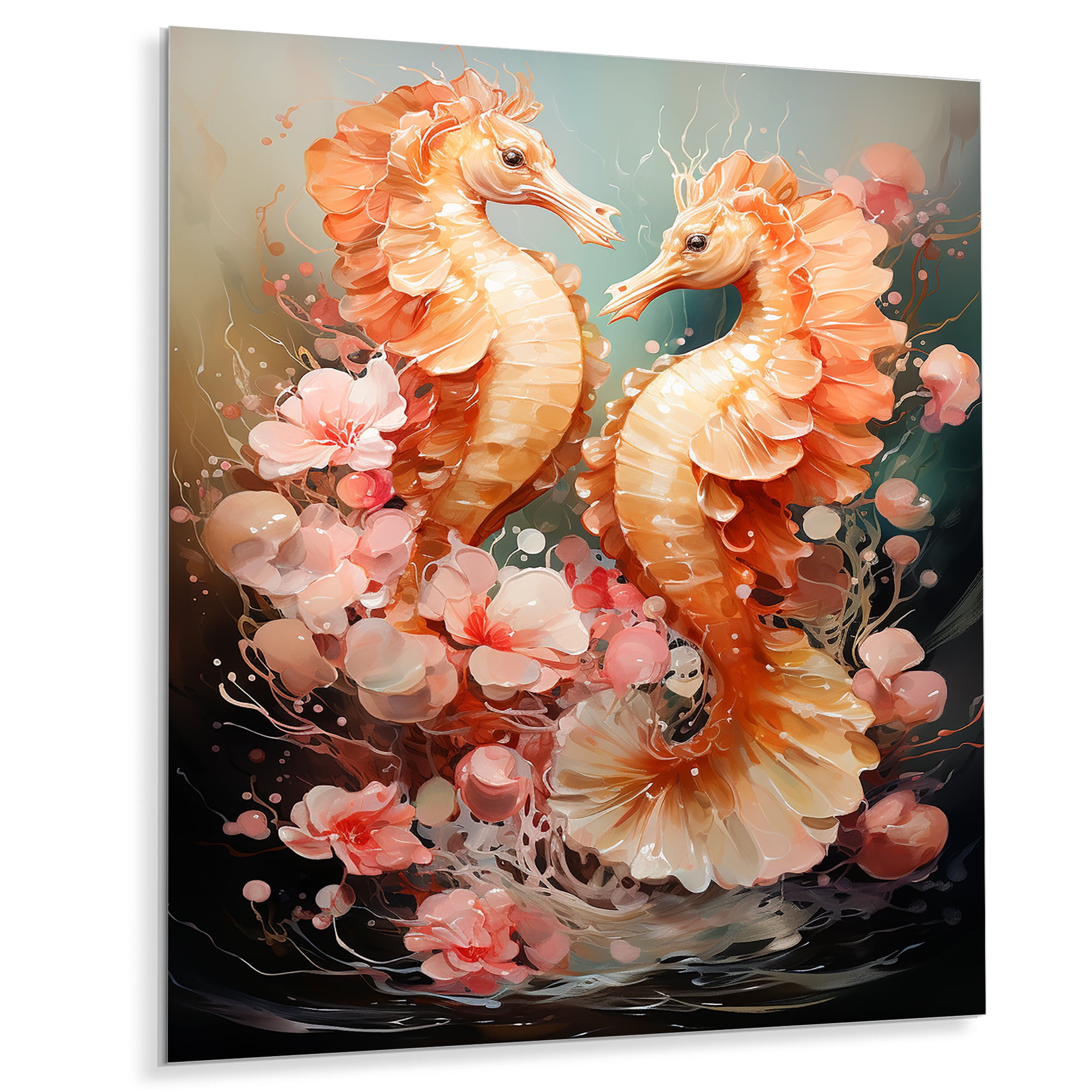 Designart "Creature Peachy Seahorse Drops" Animals Metal Wall Decor ...