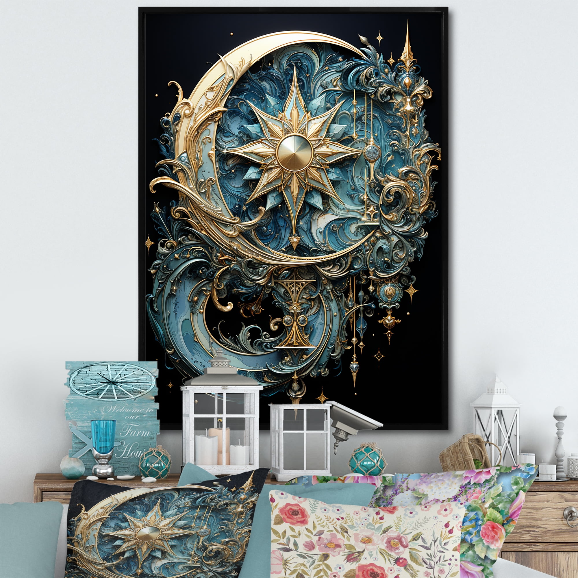 Designart "Crescent Moon and Stars Symbols" Symbols Floater Framed ...