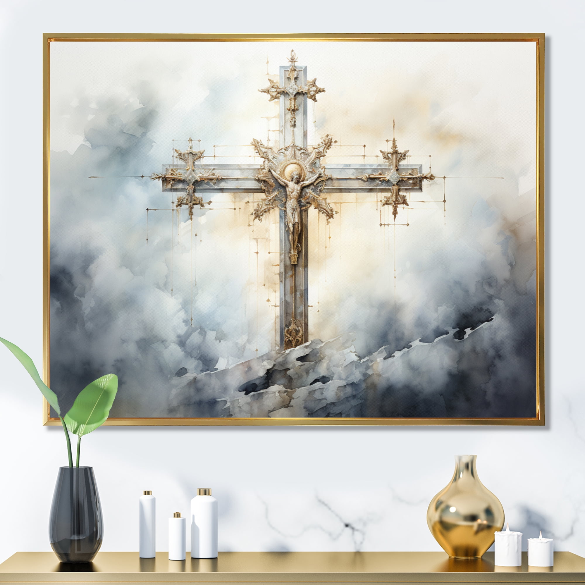 Designart "Cross A Powerful Symbol" Spiritual Floater Framed Wall Art ...