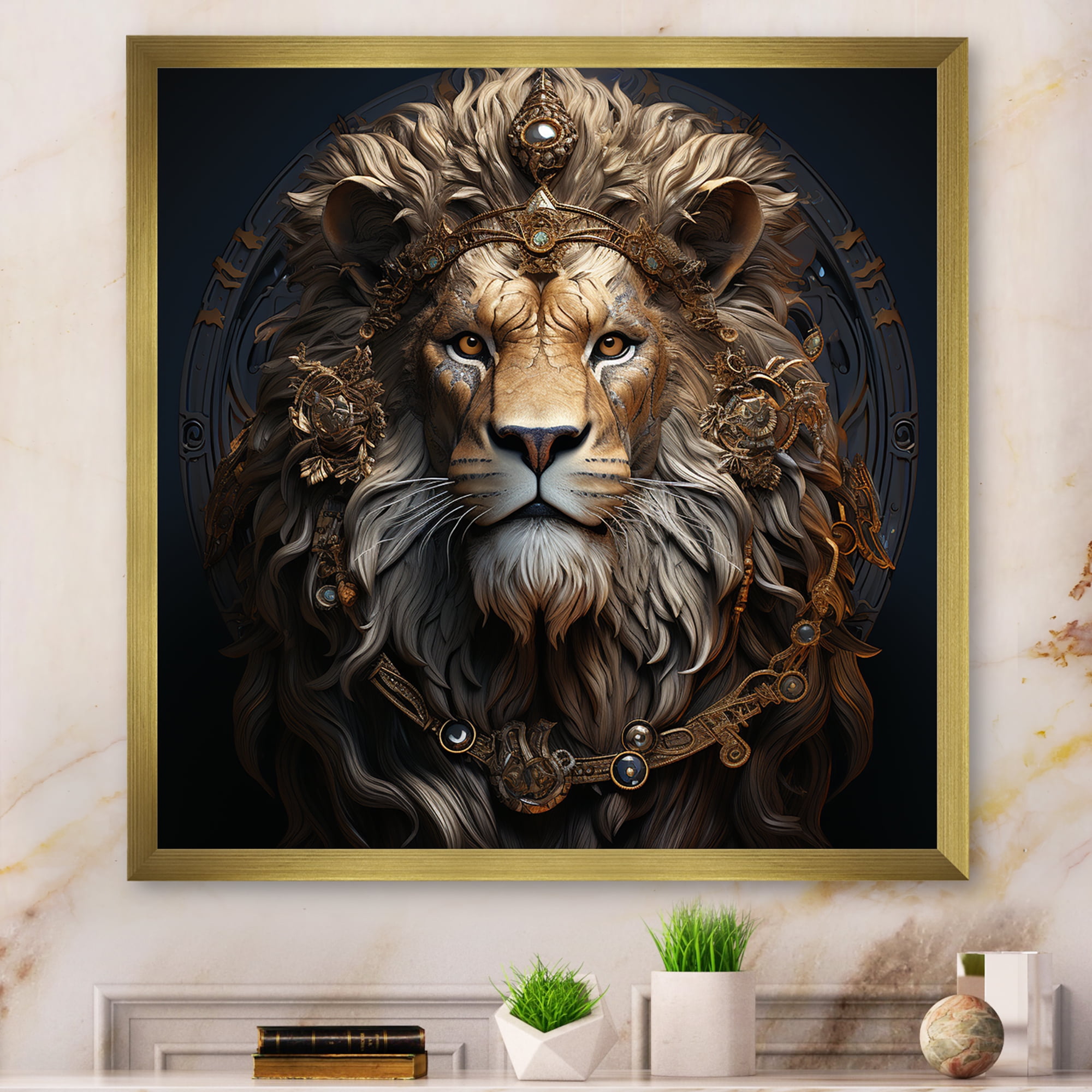 Designart "Crowned Lion in Portrait I" Animals Framed Wall Art Decor ...