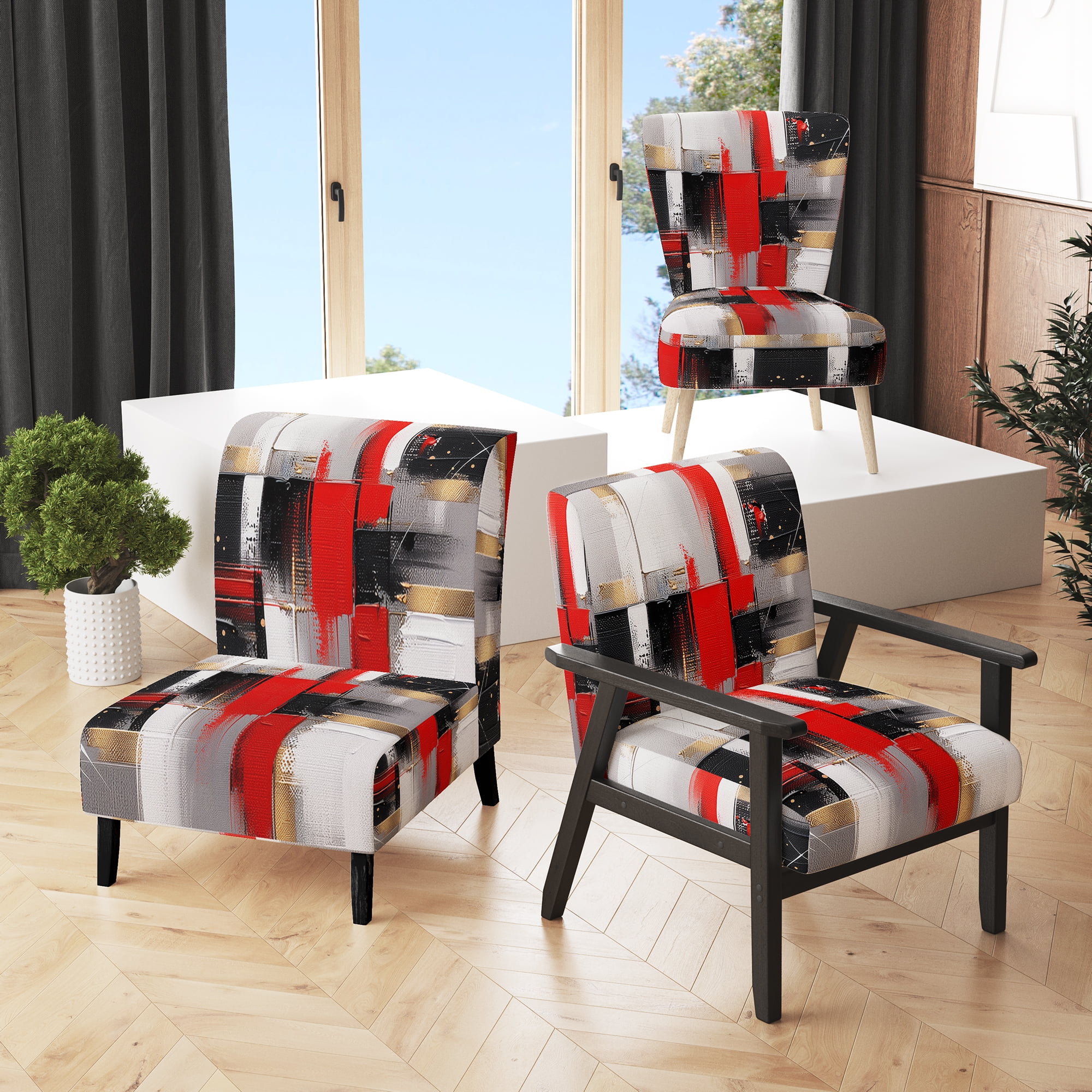 Designart "Cubic Abstract in Red and Gold I" Red Cubism Upholstered ...