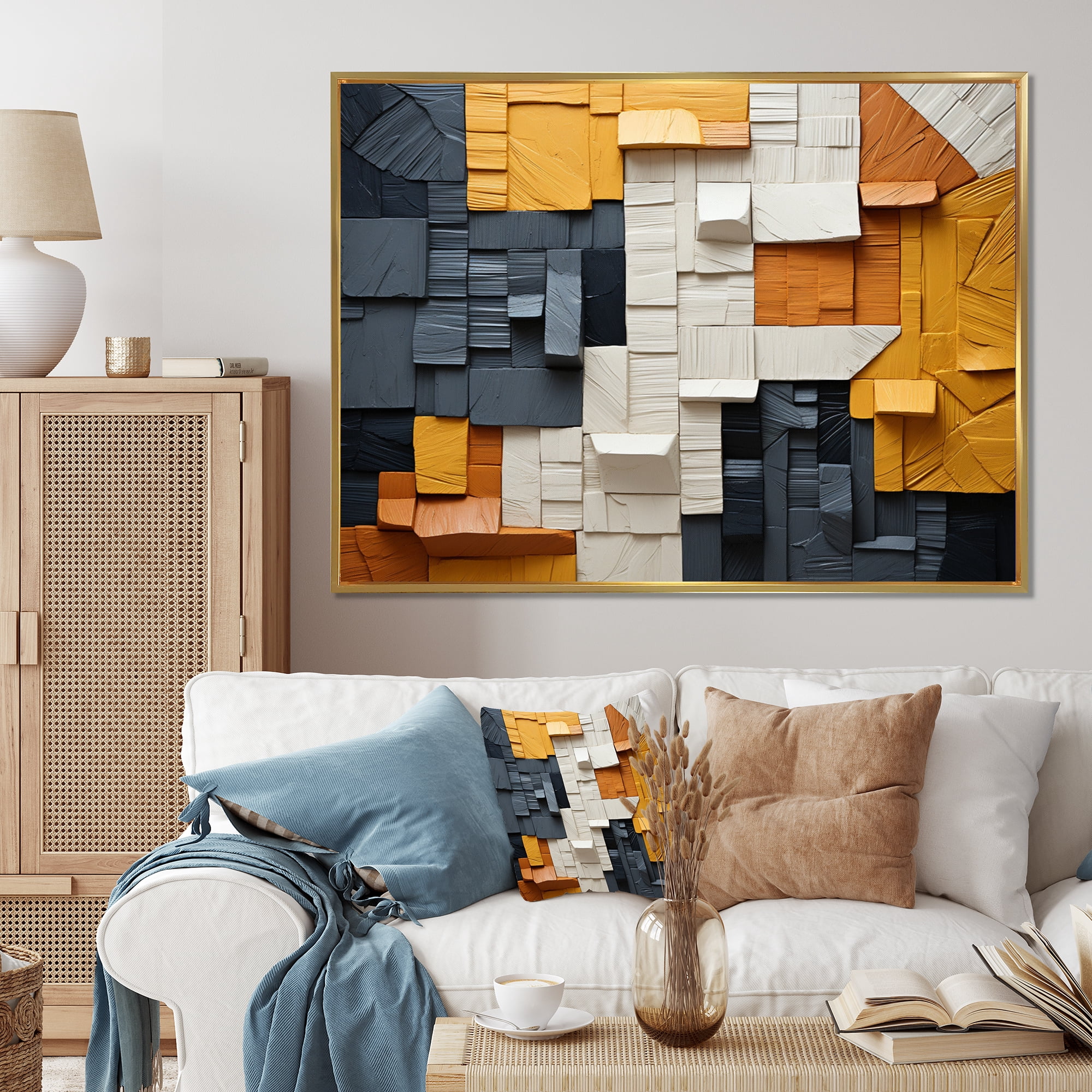 Designart "Cubic Fiber Yellow and Grey Symmetry I" Cubism Floater ...