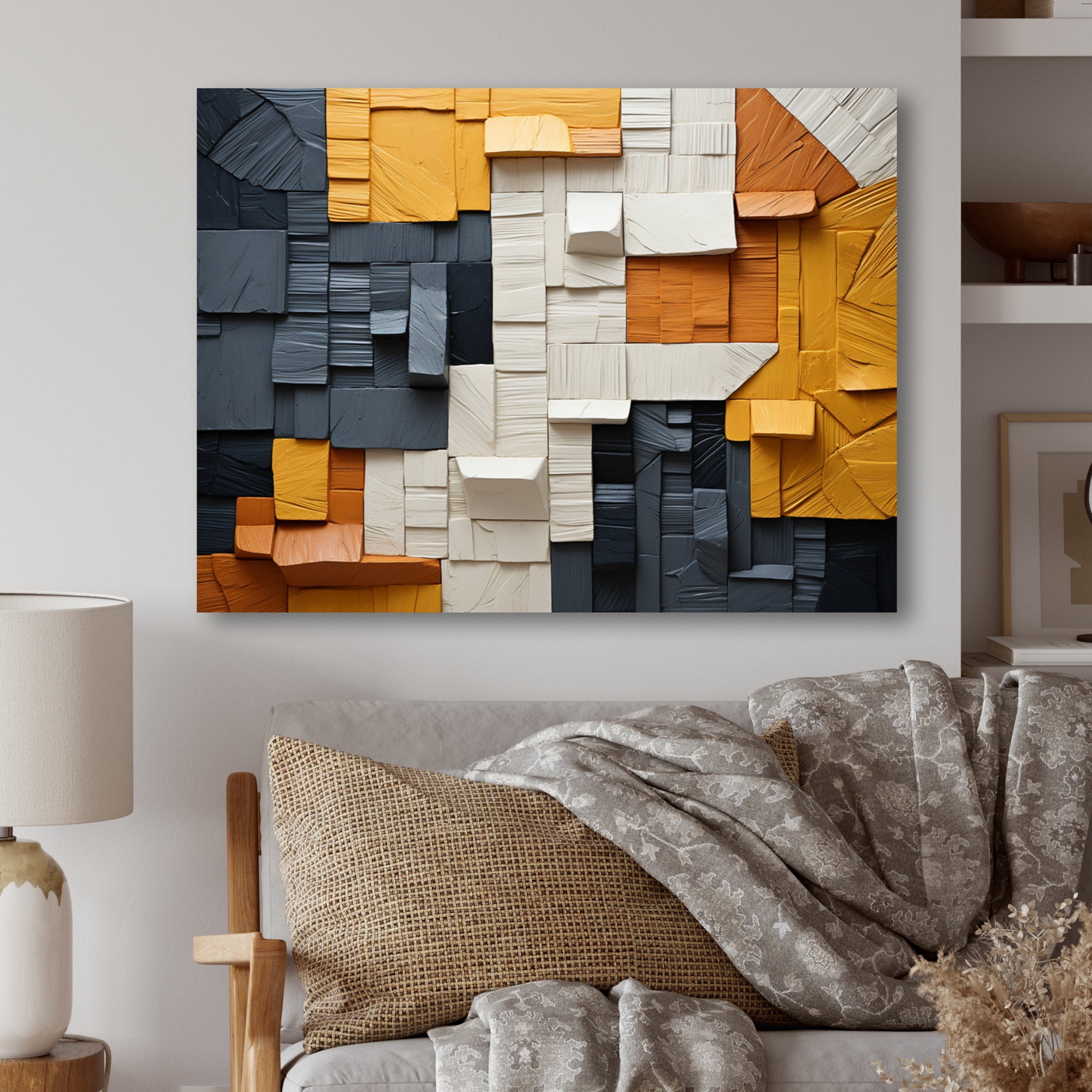 Designart "Cubic Fiber Yellow and Grey Symmetry I" Cubism Metal Art ...
