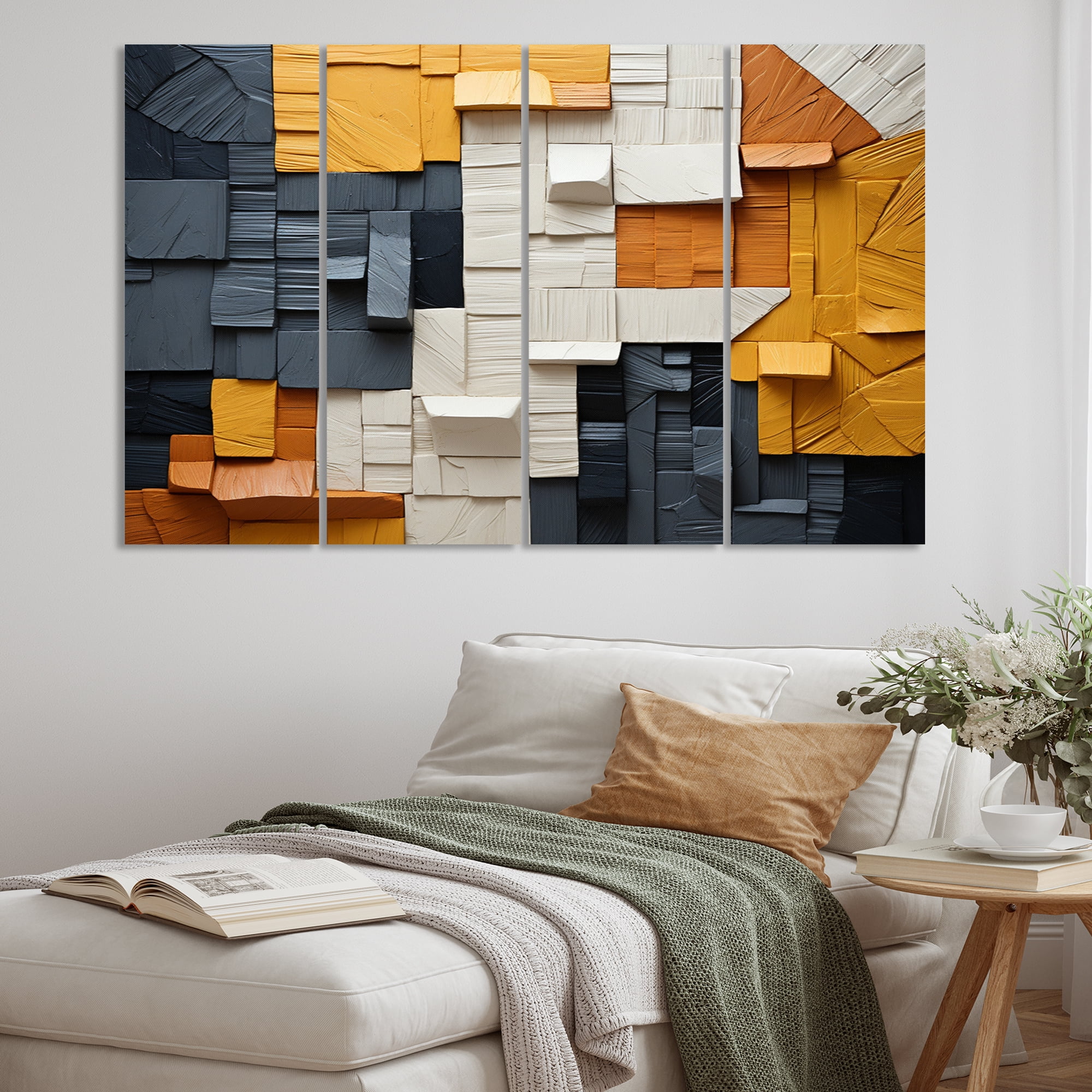 Designart "Cubic Fiber Yellow and Grey Symmetry I" Cubism Wall Art ...