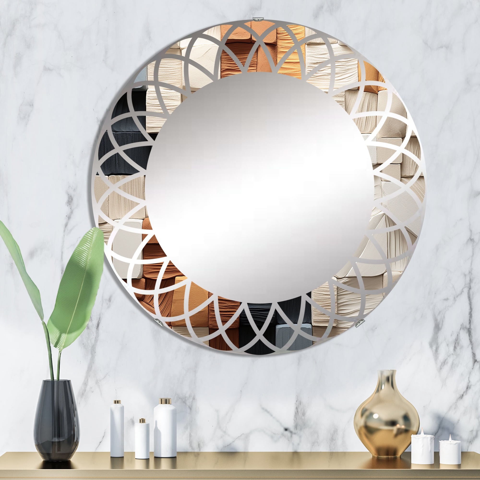 Designart "Cubic Fiber Yellow and Grey Symmetry II" Cubism Round Wall ...