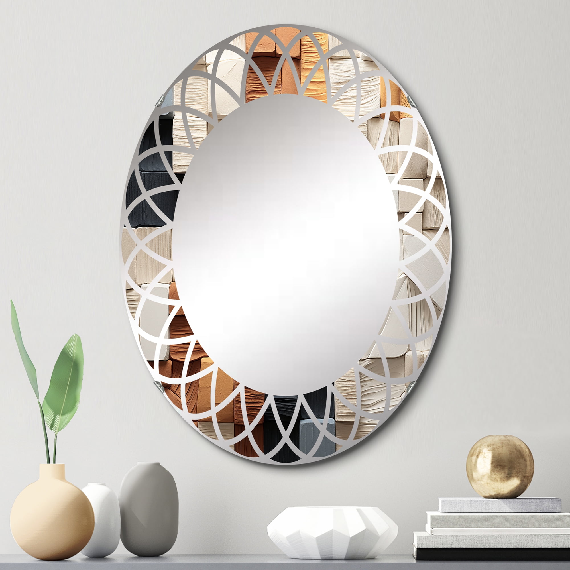 Designart "Cubic Fiber Yellow and Grey Symmetry II" Cubism Round Wall ...