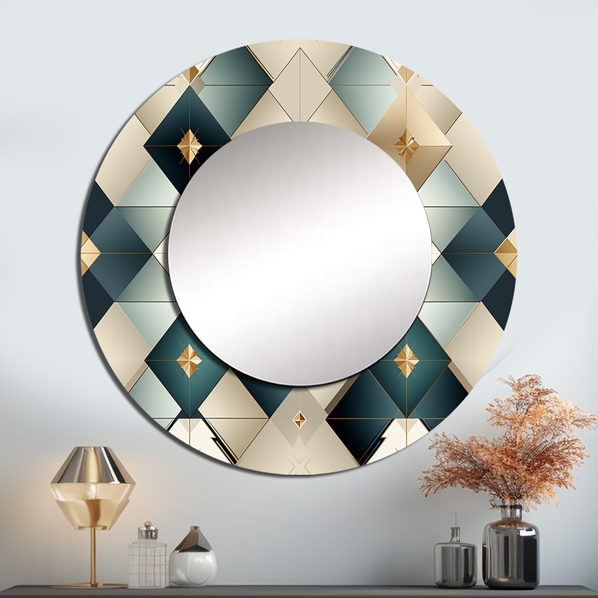 Designart "Cubic Harmony In Teal And Grey Marble" Geometric Rund Mirror ...