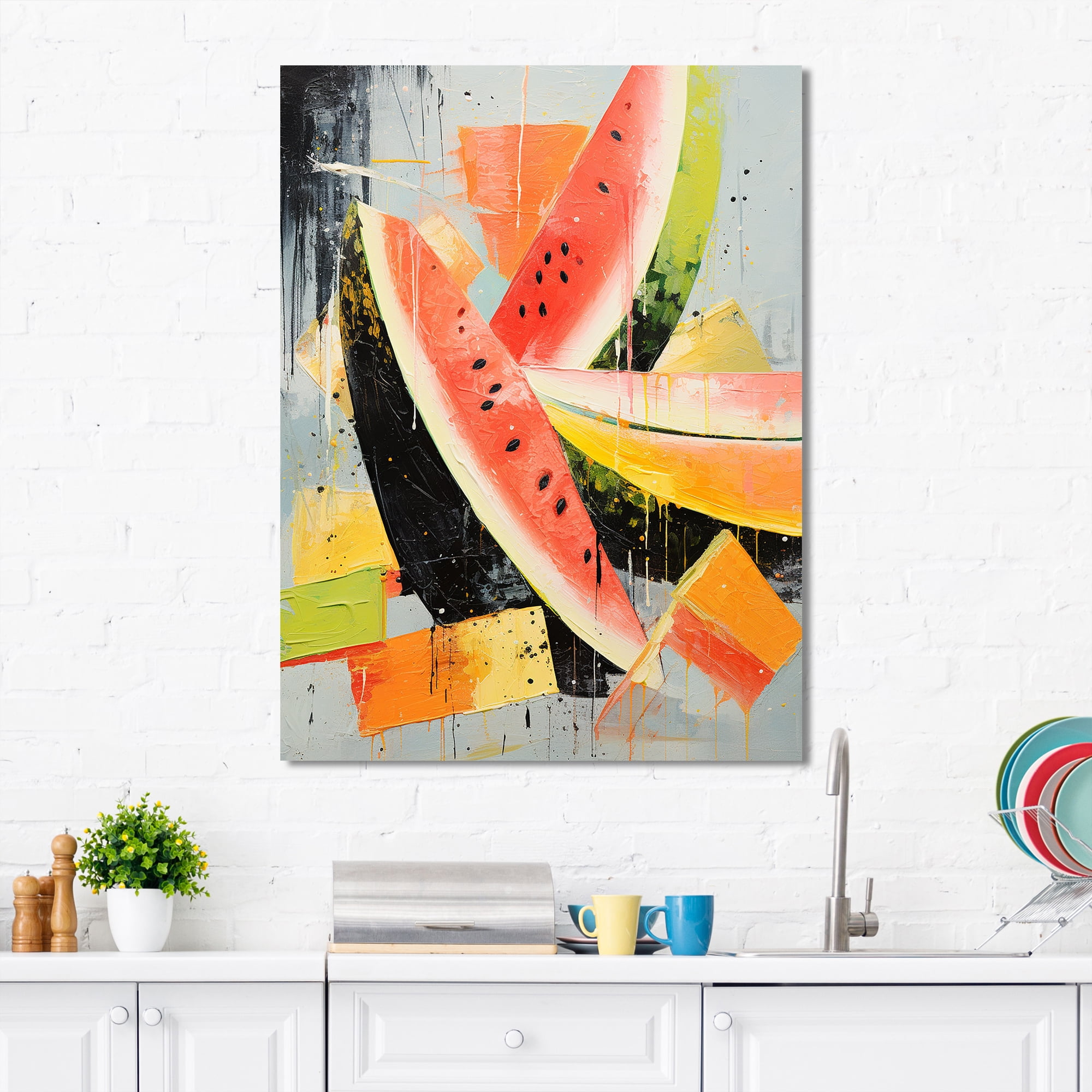 Designart "Cubic Watermelon Pattern in Green IV" Food & Beverage Canvas ...
