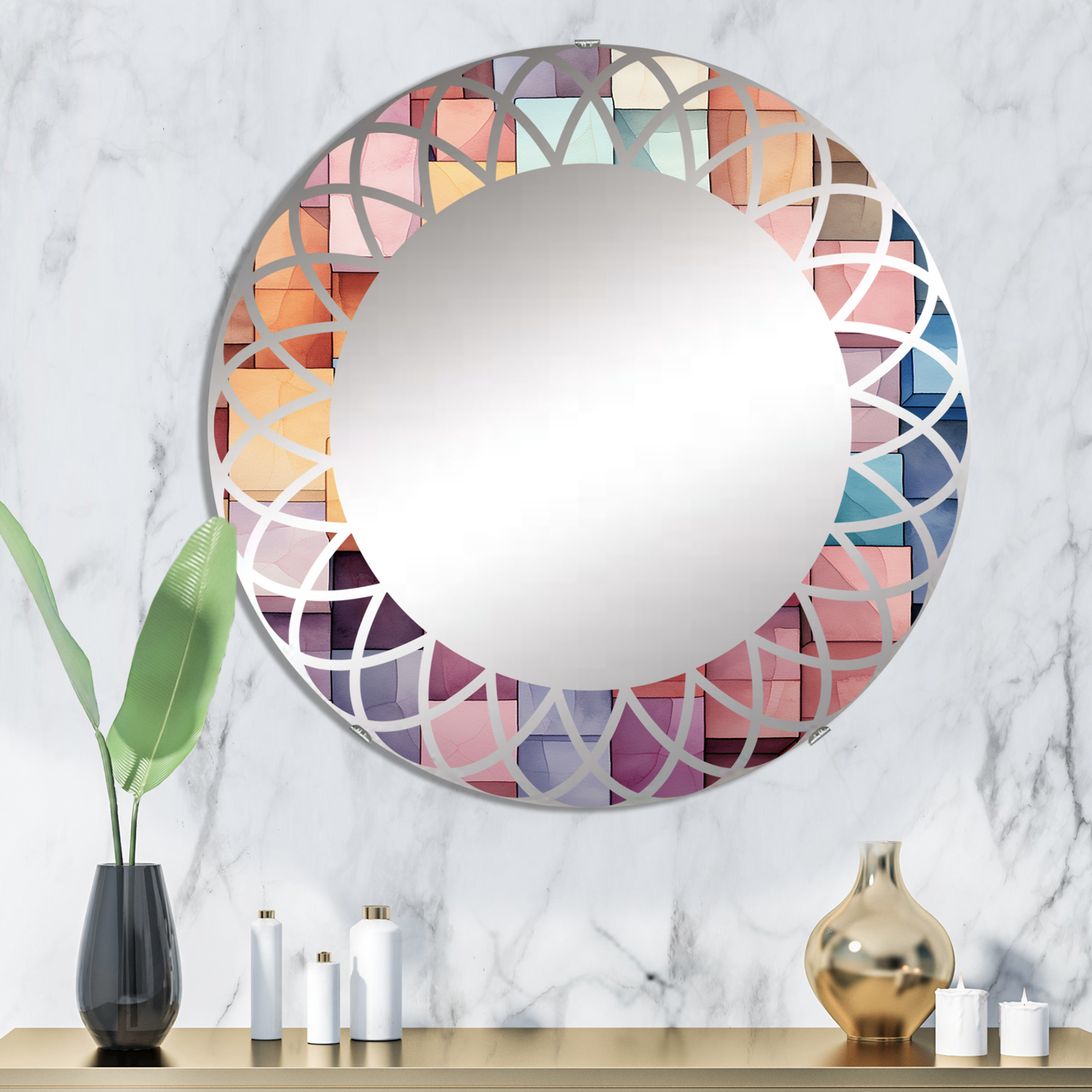 Designart "Cubism Art Colorful landscape" Abstract Round Wall Mirror ...