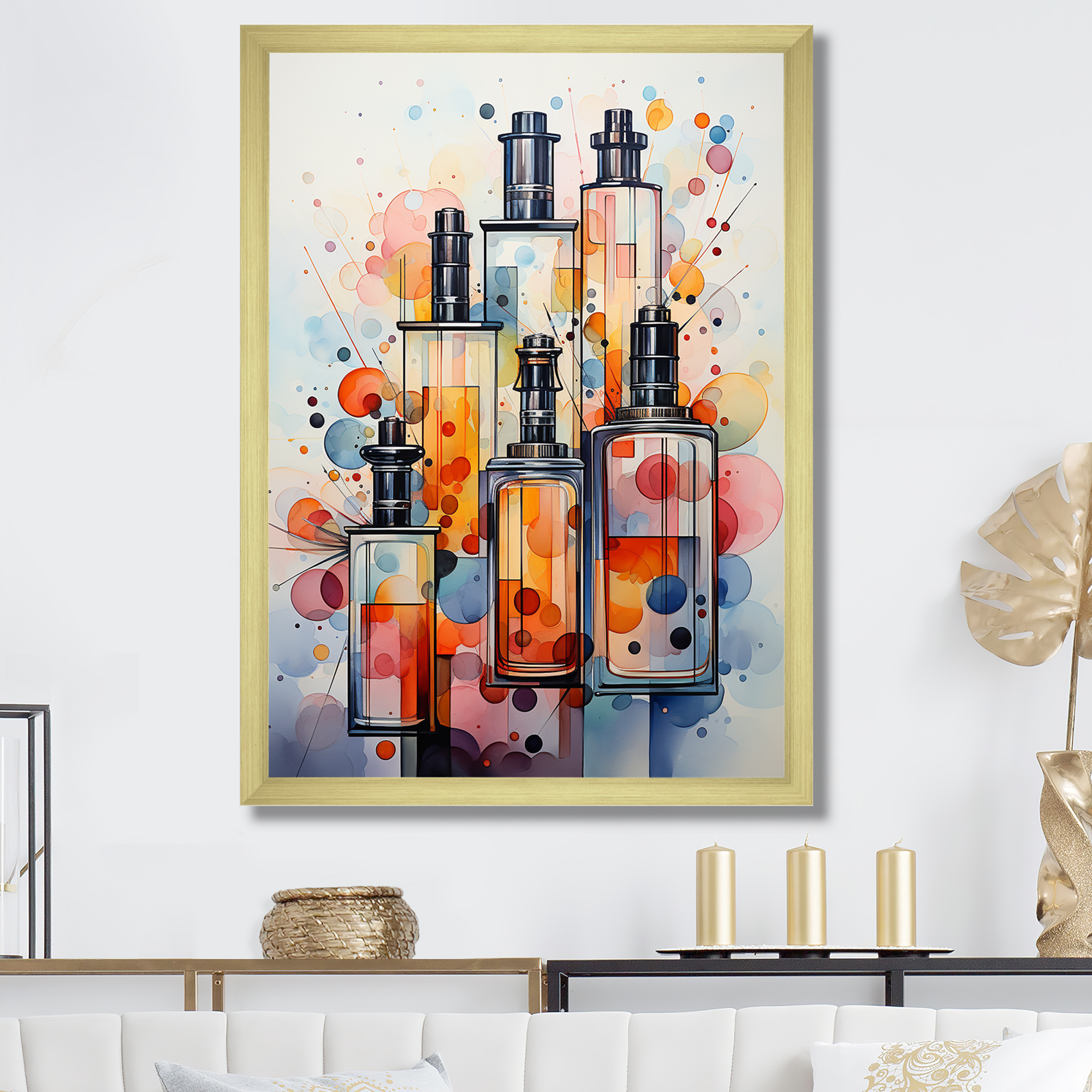 Designart "Cubism Perfumes with Orange Scent II" Fashion Framed Wall Art - Glam Orange Perfumes ...