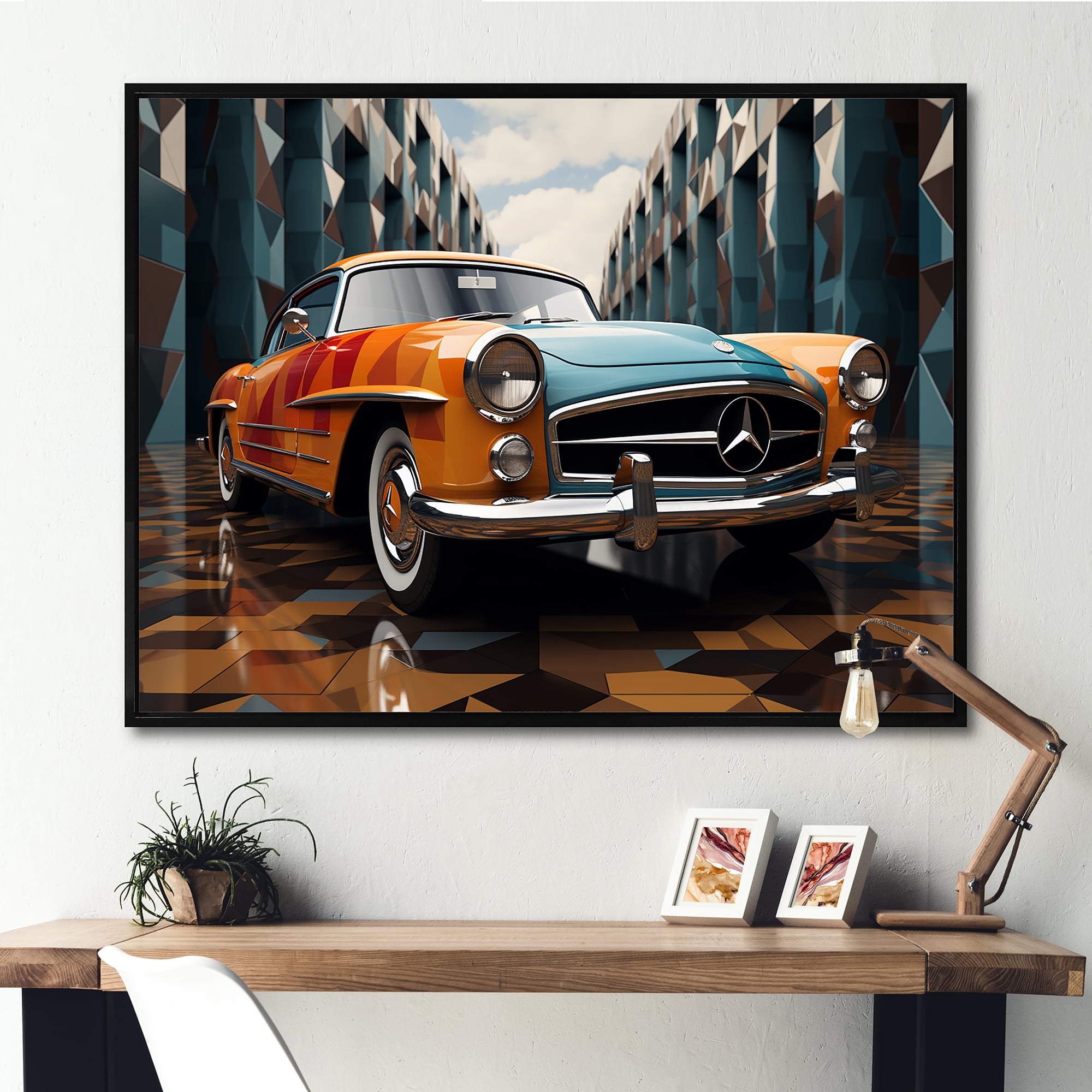 Designart "Cubism Style Retro Car I" Car Vintage Floater Framed Wall ...