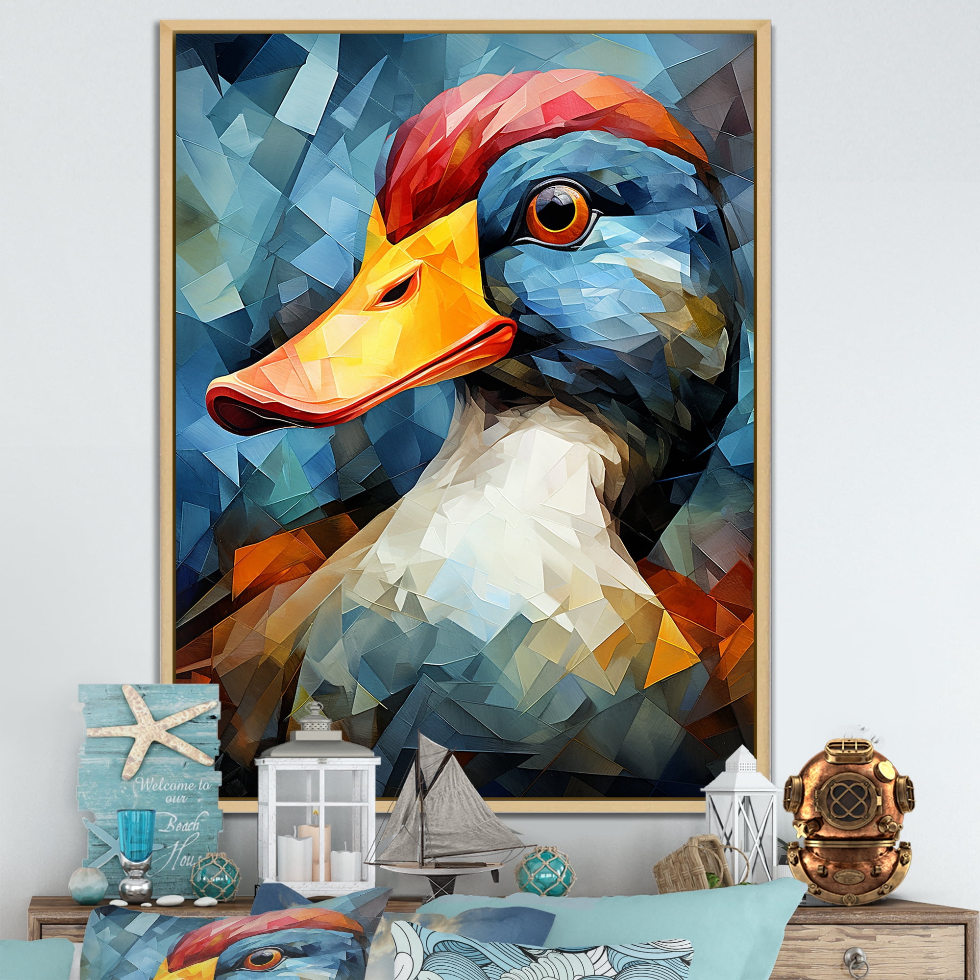Designart "Cubist Duck Portrait in Blue and Yellow" Animals Framed Wall ...