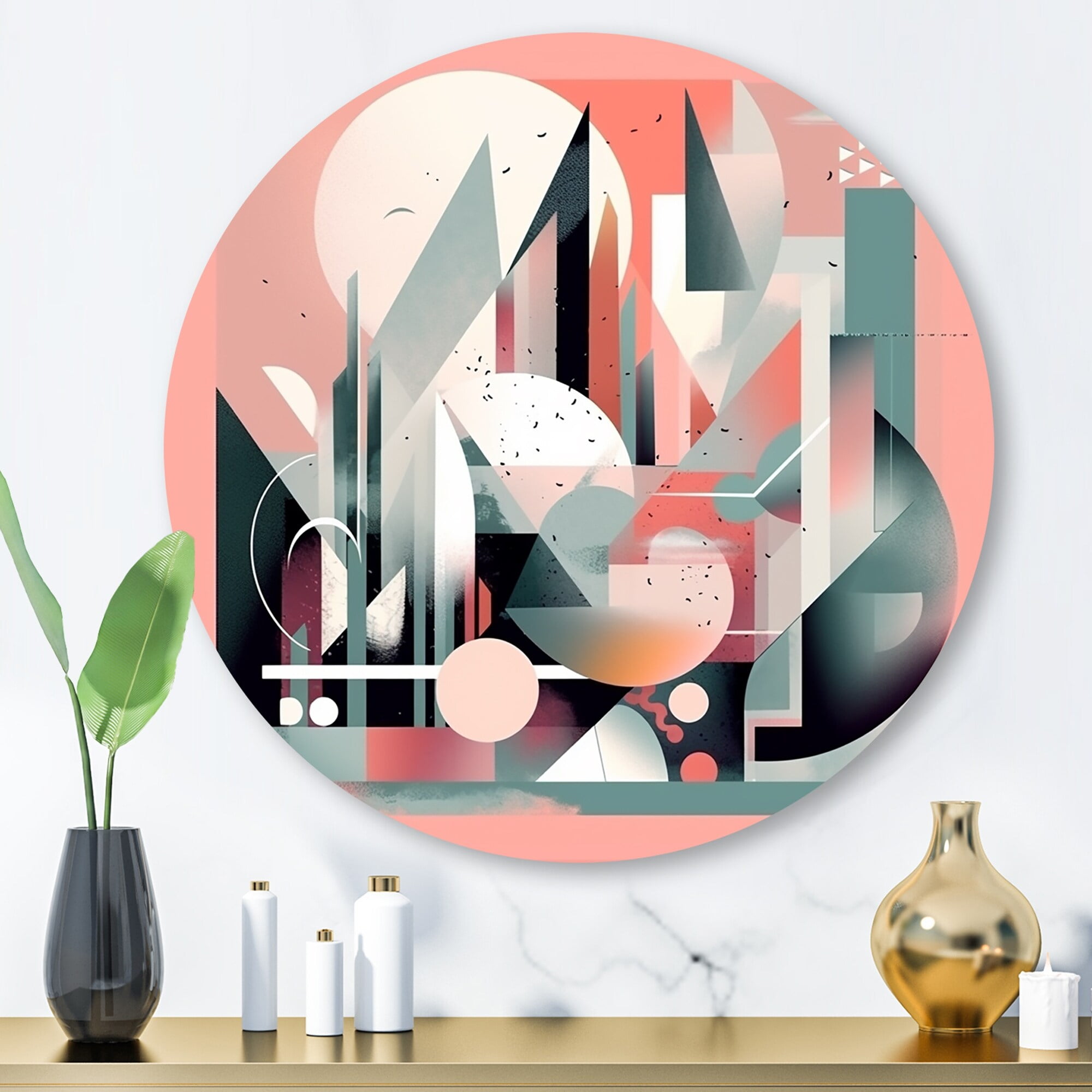 Designart "Cubist Embrace Blue and Pink Palette III" Minimalism Round ...