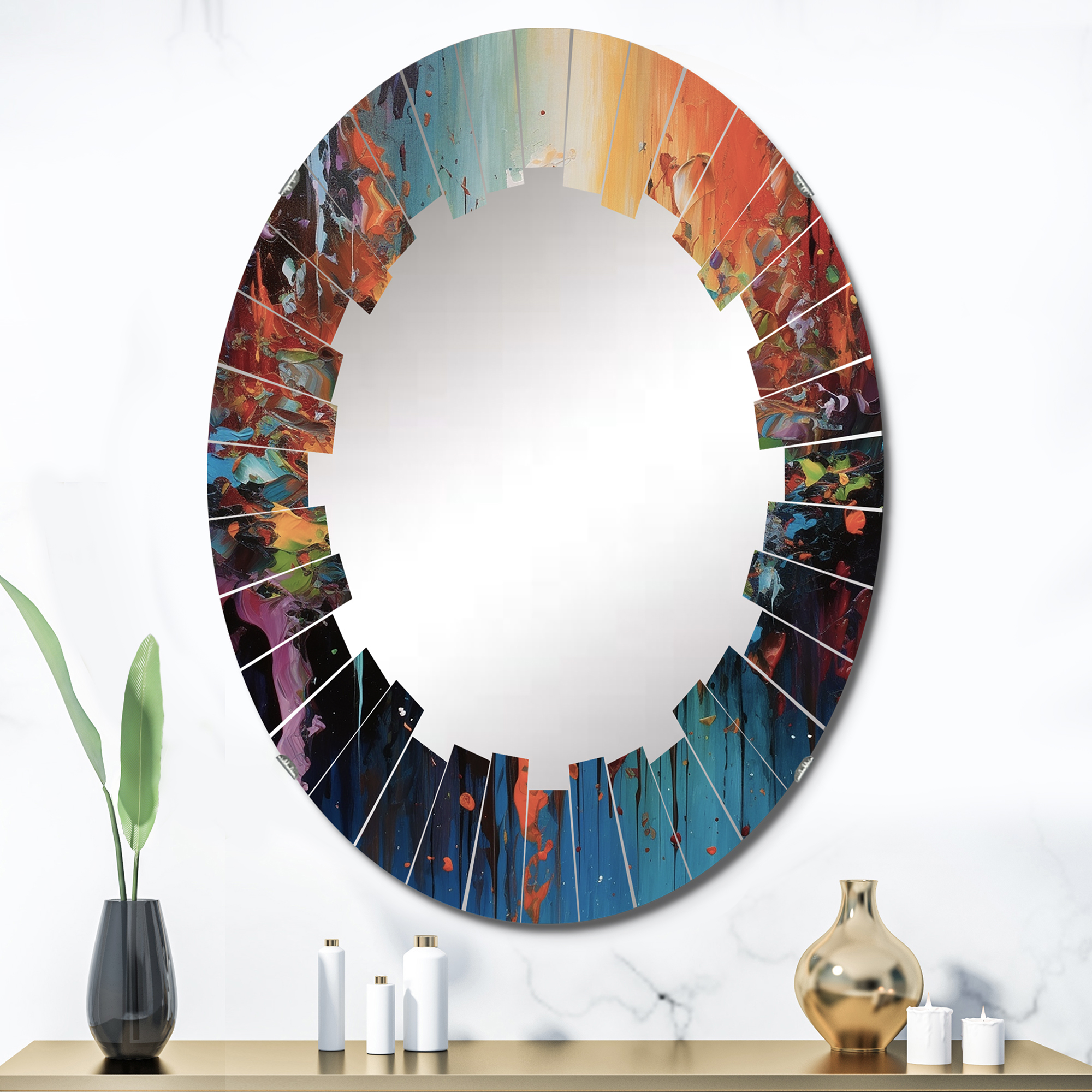 Designart "Cubist Fusion Orange Teal Elegance" Cubism Round Wall Mirror ...