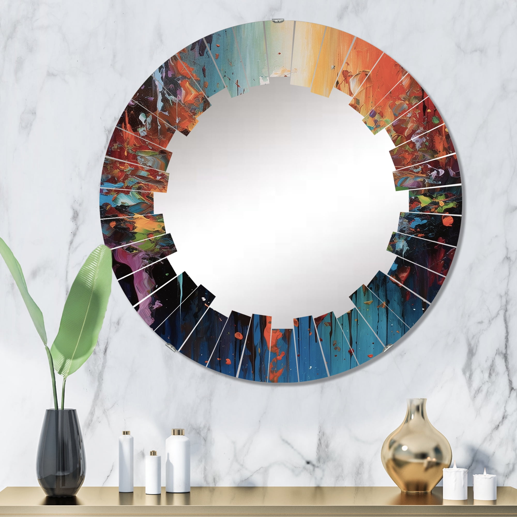 Designart "Cubist Fusion Orange Teal Elegance" Cubism Round Wall Mirror ...