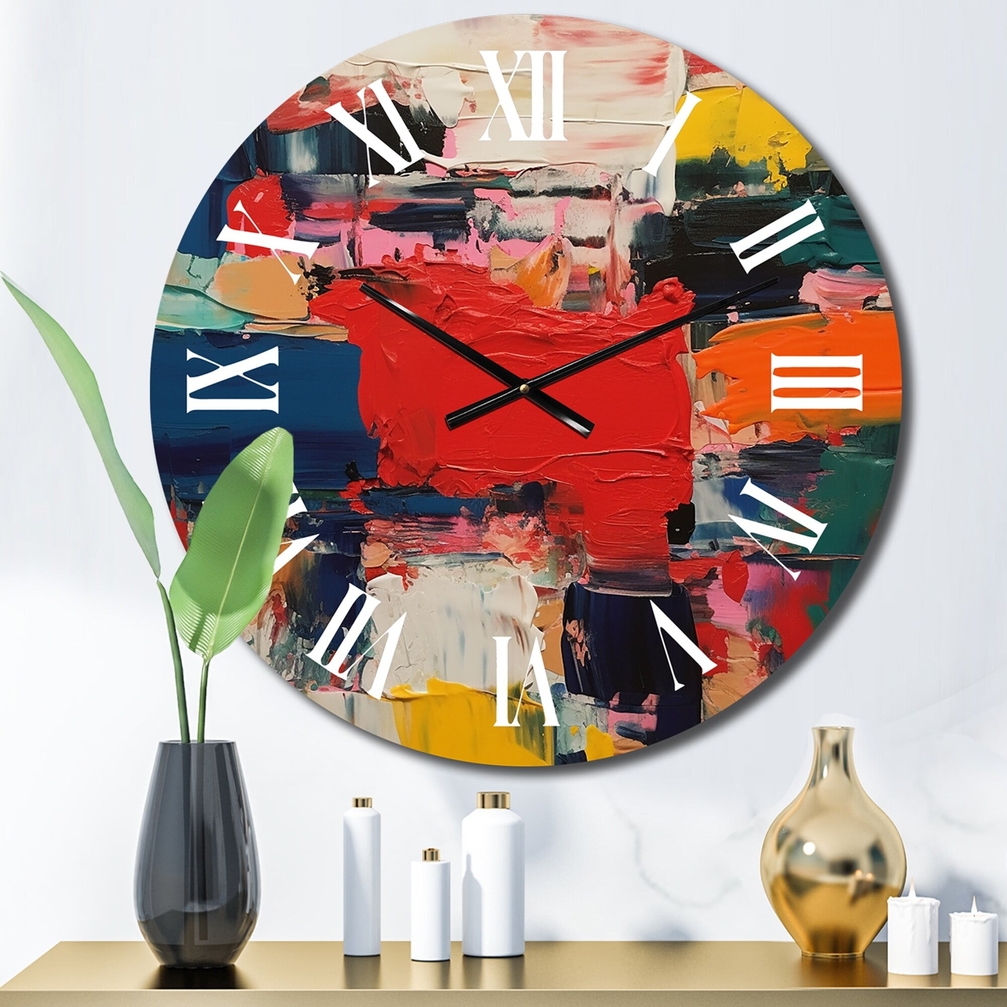 Designart "Cubist Fusion Red Blue Harmony" Cubism Oversized Wall Clock ...