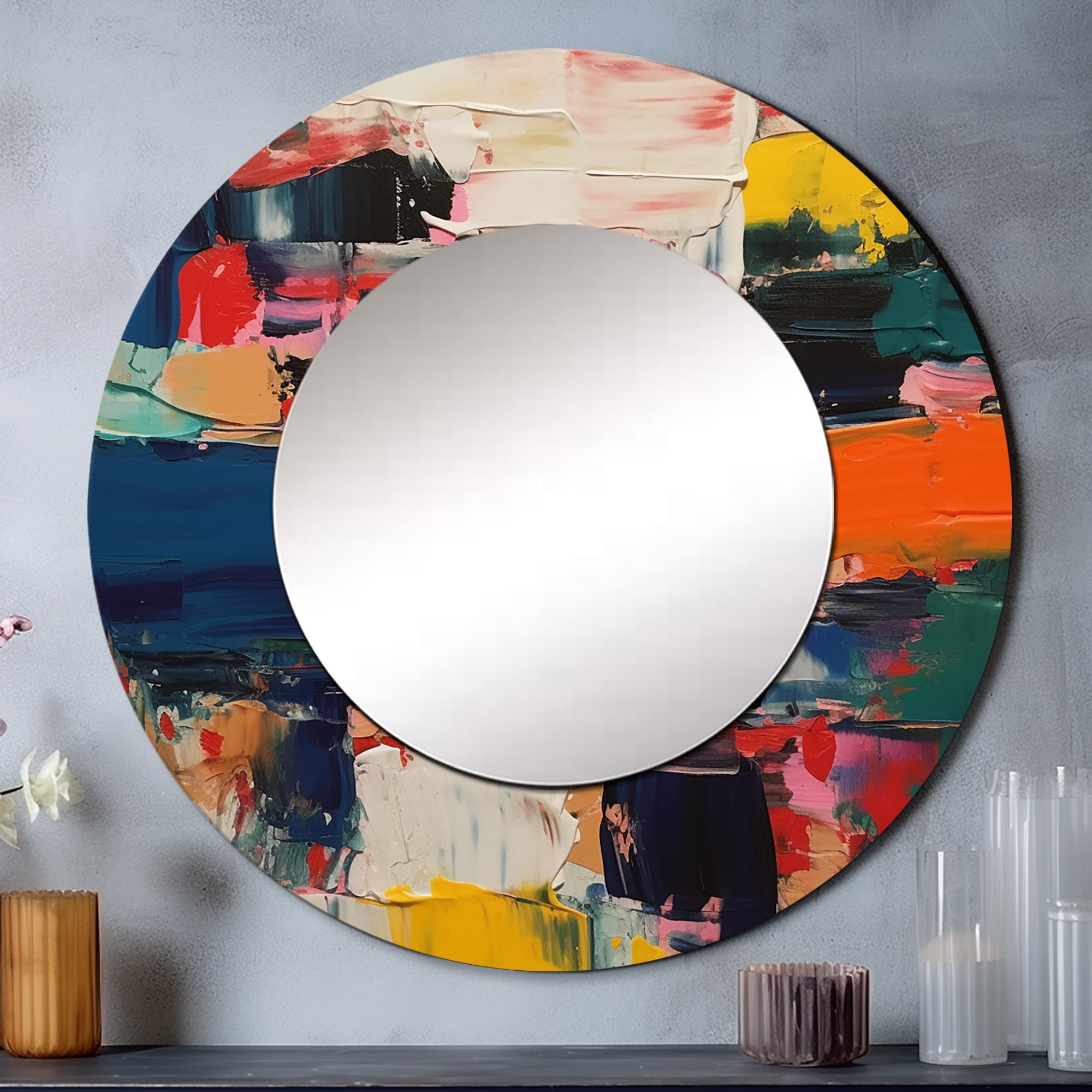 Designart "Cubist Fusion Red Blue Harmony" Cubism Rund Mirror For Wall ...