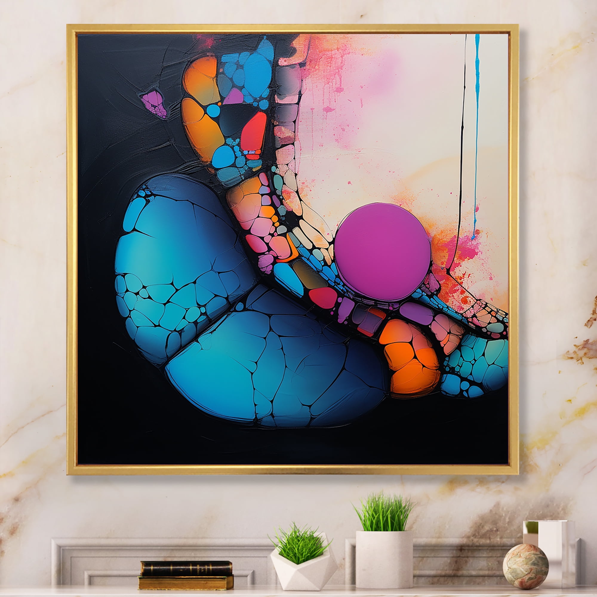 Designart "Cubist Ink Expression in Blue and Pink II" Abstract Framed ...