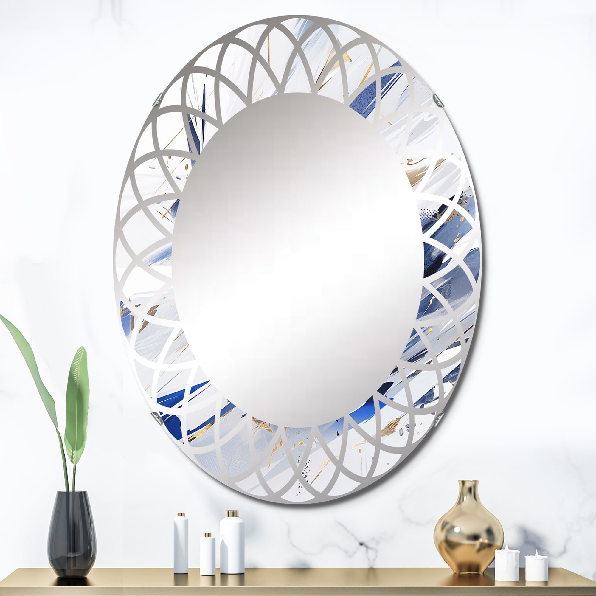 Designart "Cubist Kaleidoscope in Blue and White III" Cubism Round Wall ...