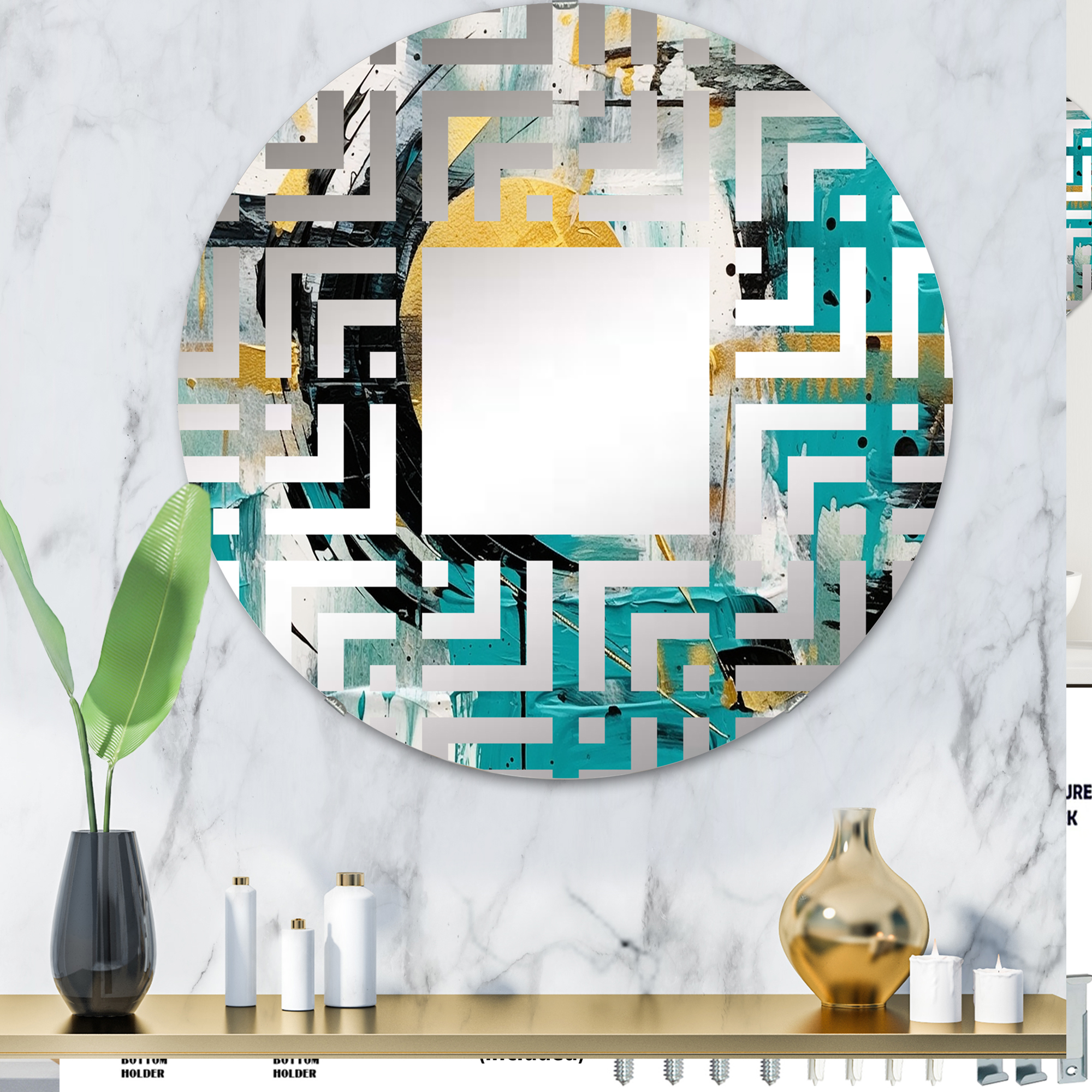 Designart "Cubist Kaleidoscope in Teal and Gold II" Cubism Maze Round ...