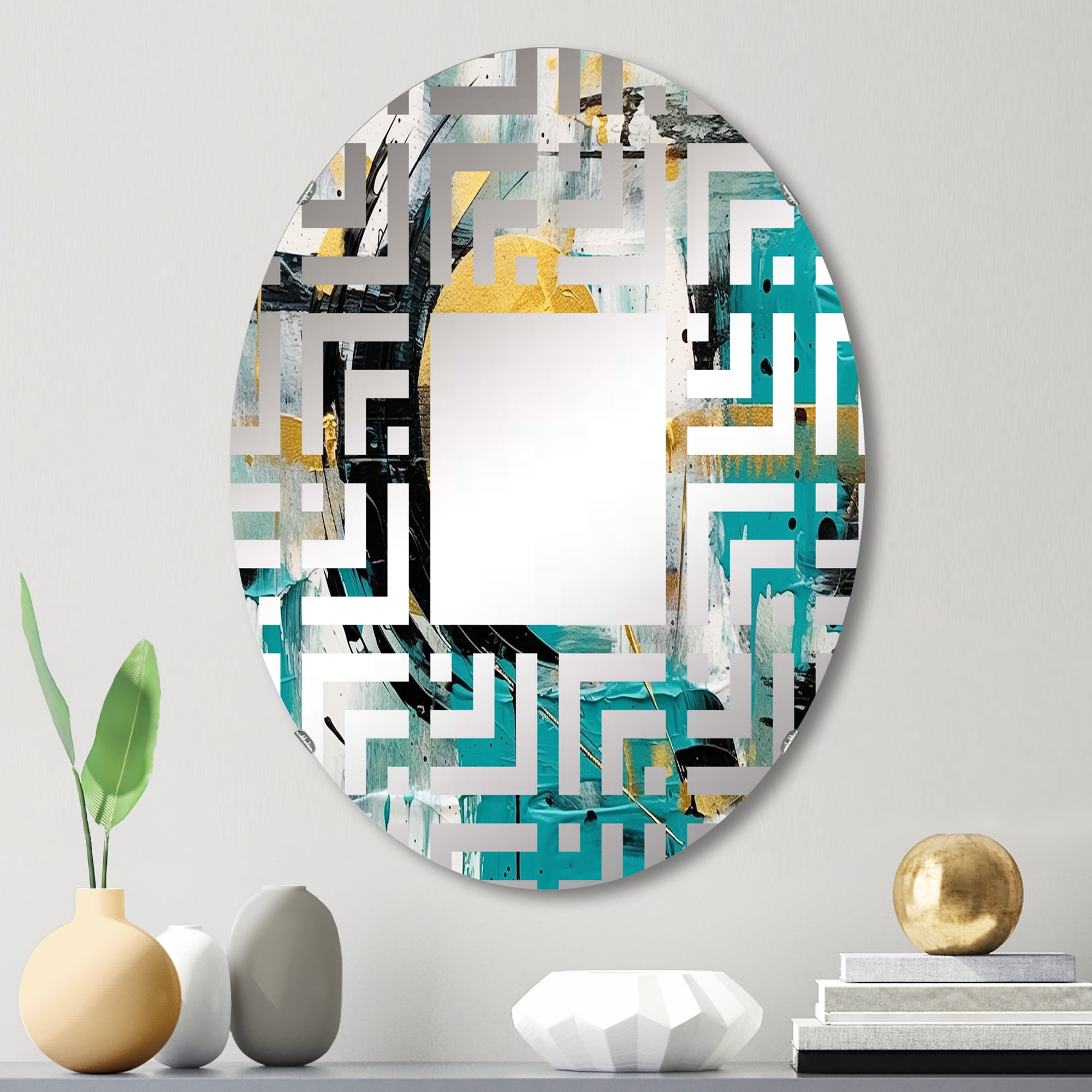Designart "Cubist Kaleidoscope in Teal and Gold II" Cubism Maze Round ...