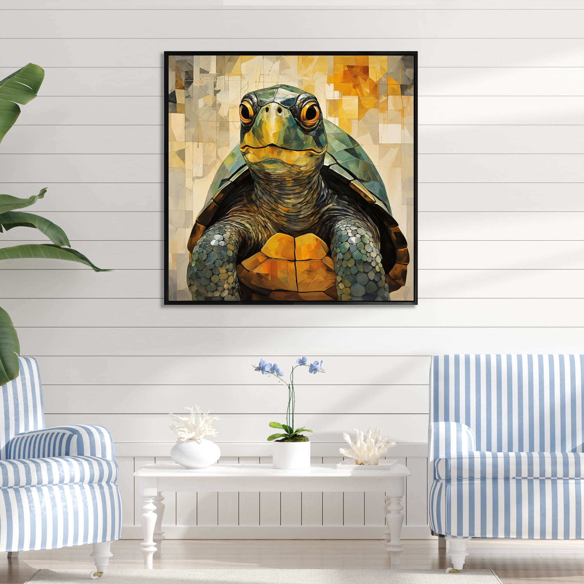 Designart "Cubist Olive Green Turtle" Animals Turtle Floater Framed ...