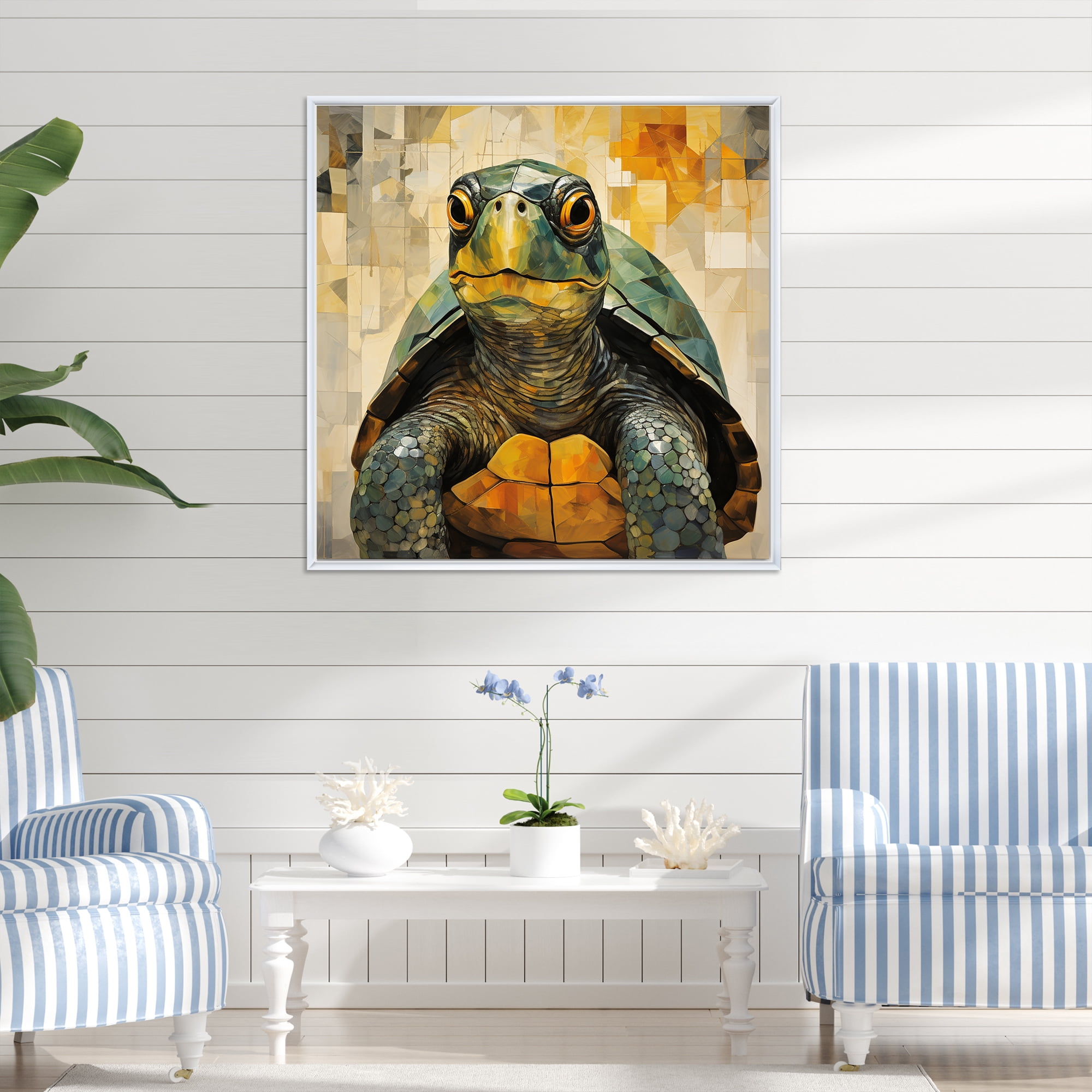 Designart "Cubist Olive Green Turtle" Animals Turtle Floater Framed ...