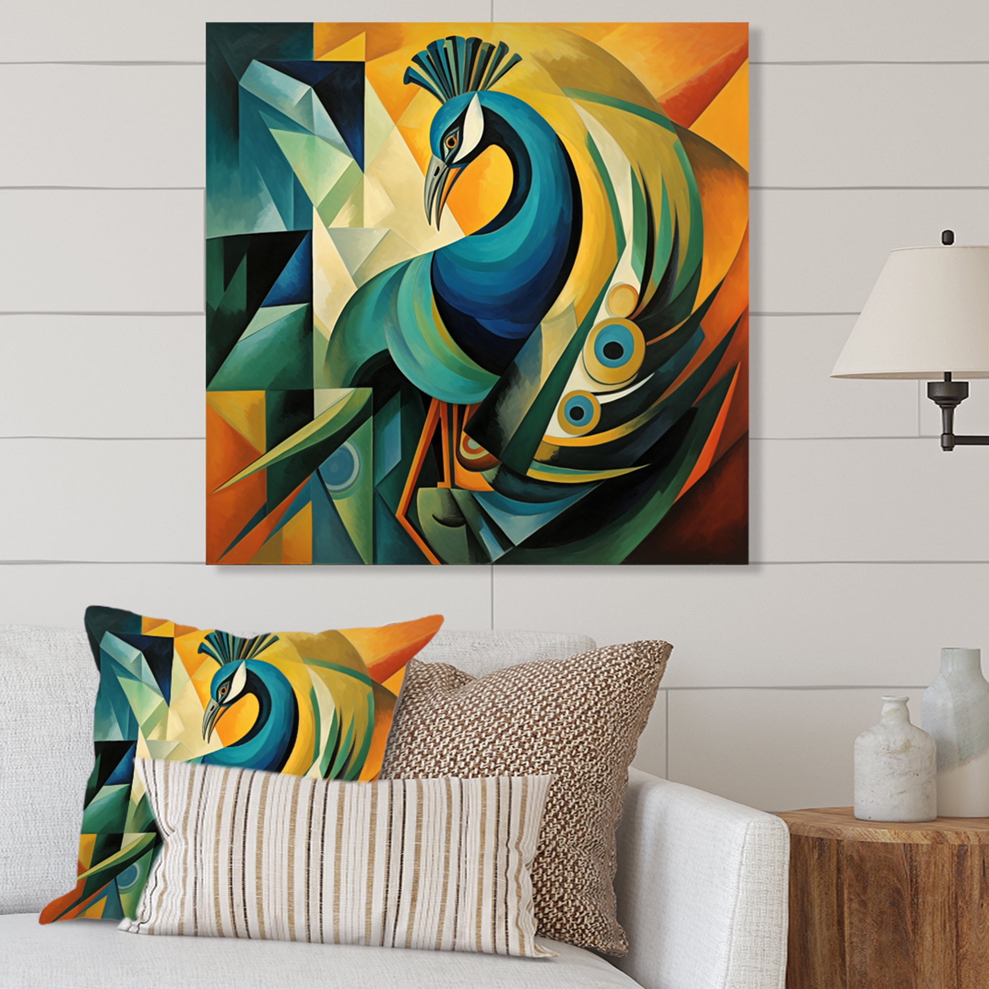 Designart "Cubist Peacock in Green and Blue" Animals Metal Wall Decor ...