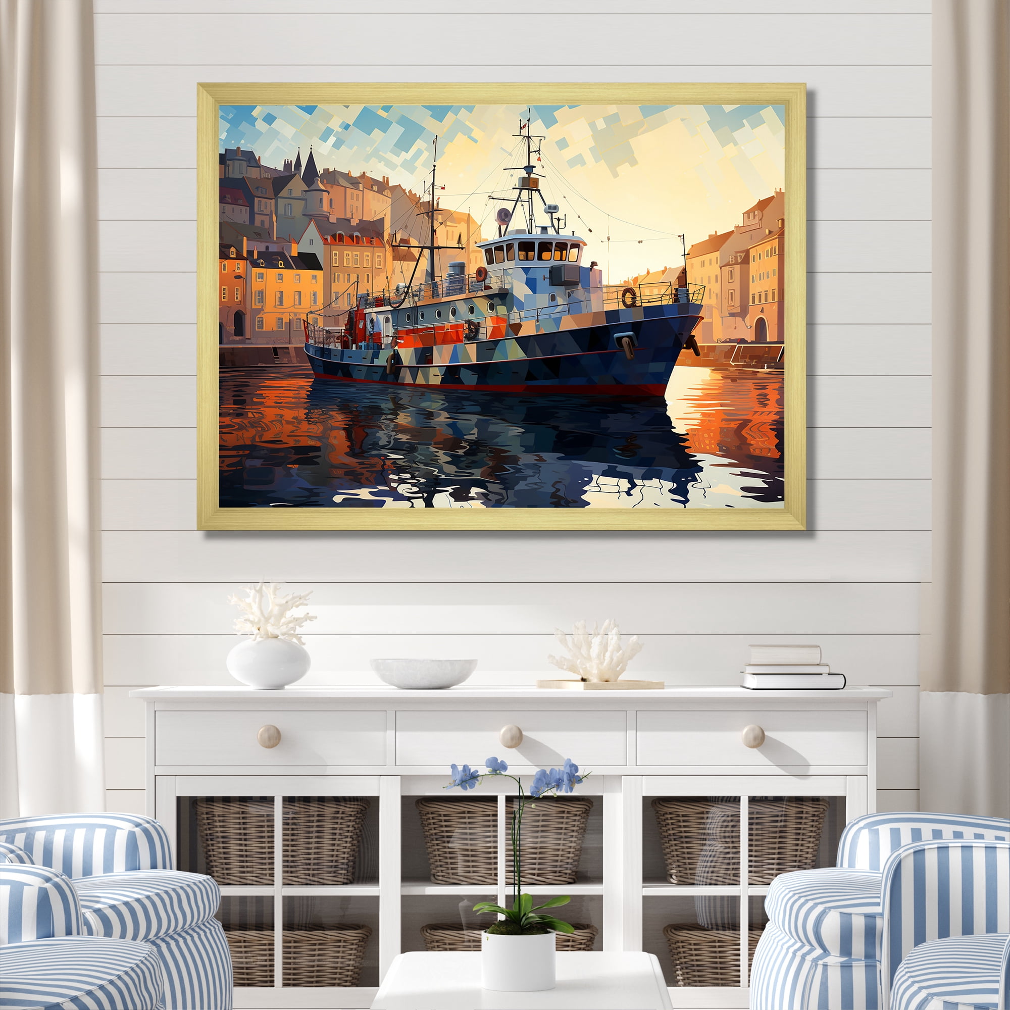 Designart "Cubist Portraits Fishing Boat Scenes" Coastal Framed Wall ...