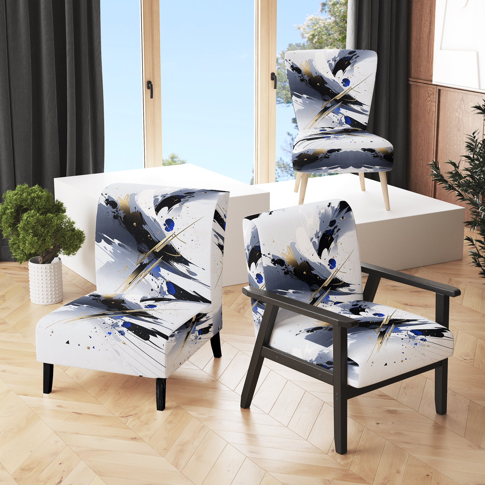 Designart "Cubist Symphony Black Blue Fusion" Black Cubism Upholstered ...