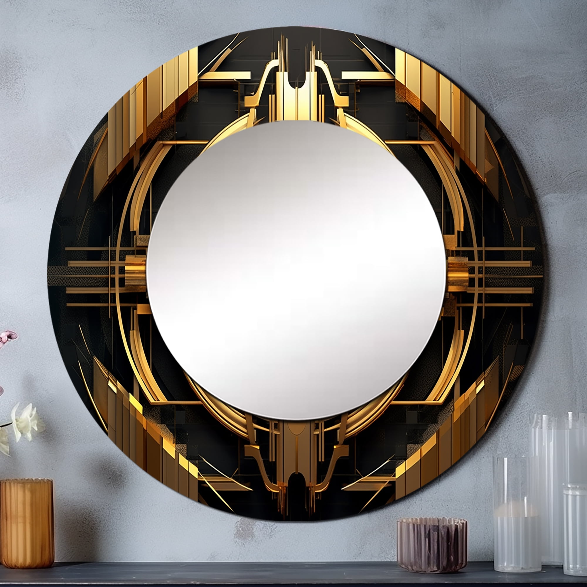 Designart "Cubist Visions in Gold and Black I" Cubism Rund Mirror For ...