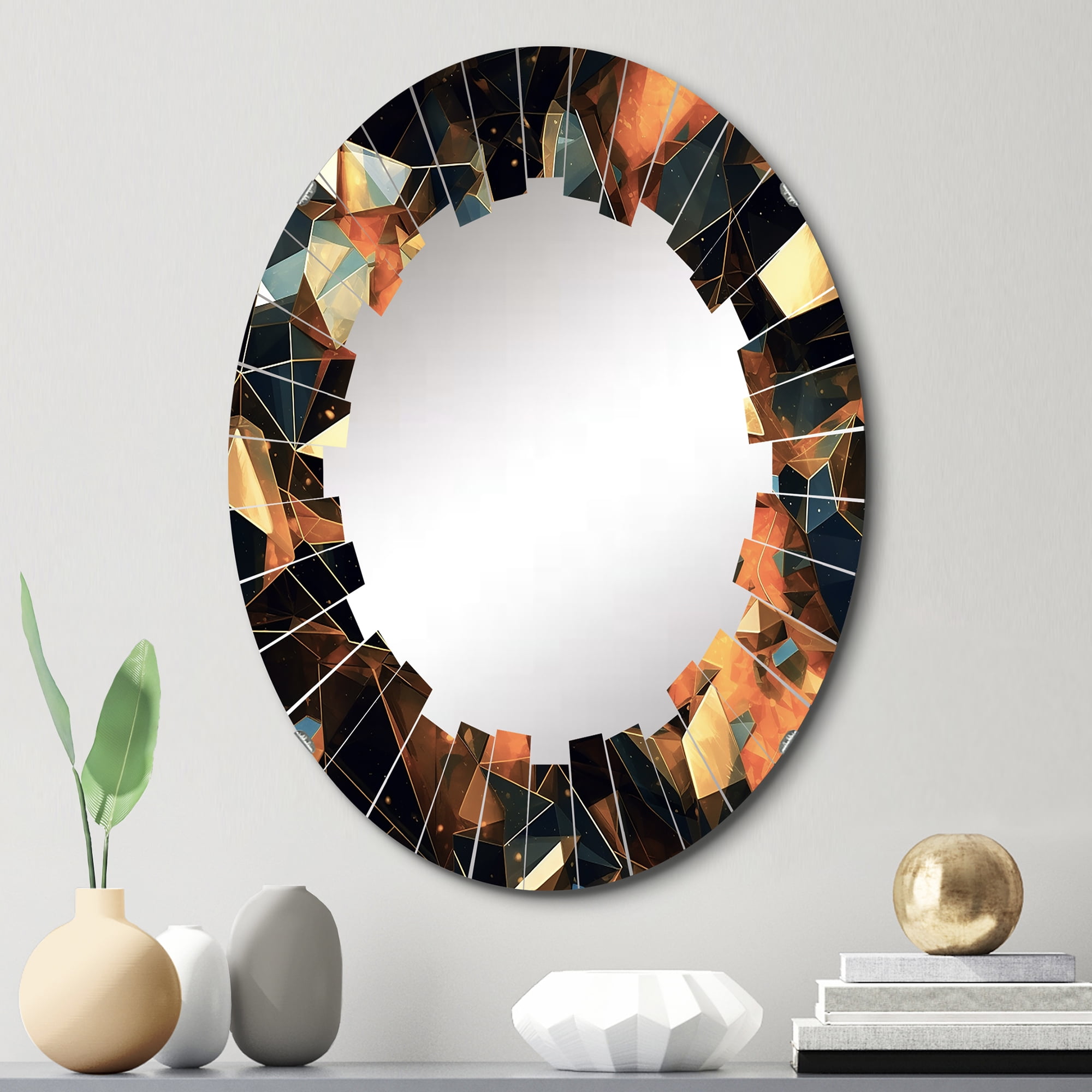 Designart "Cubist Visions in Gold I" Cubism Round Wall Mirror - Modern ...