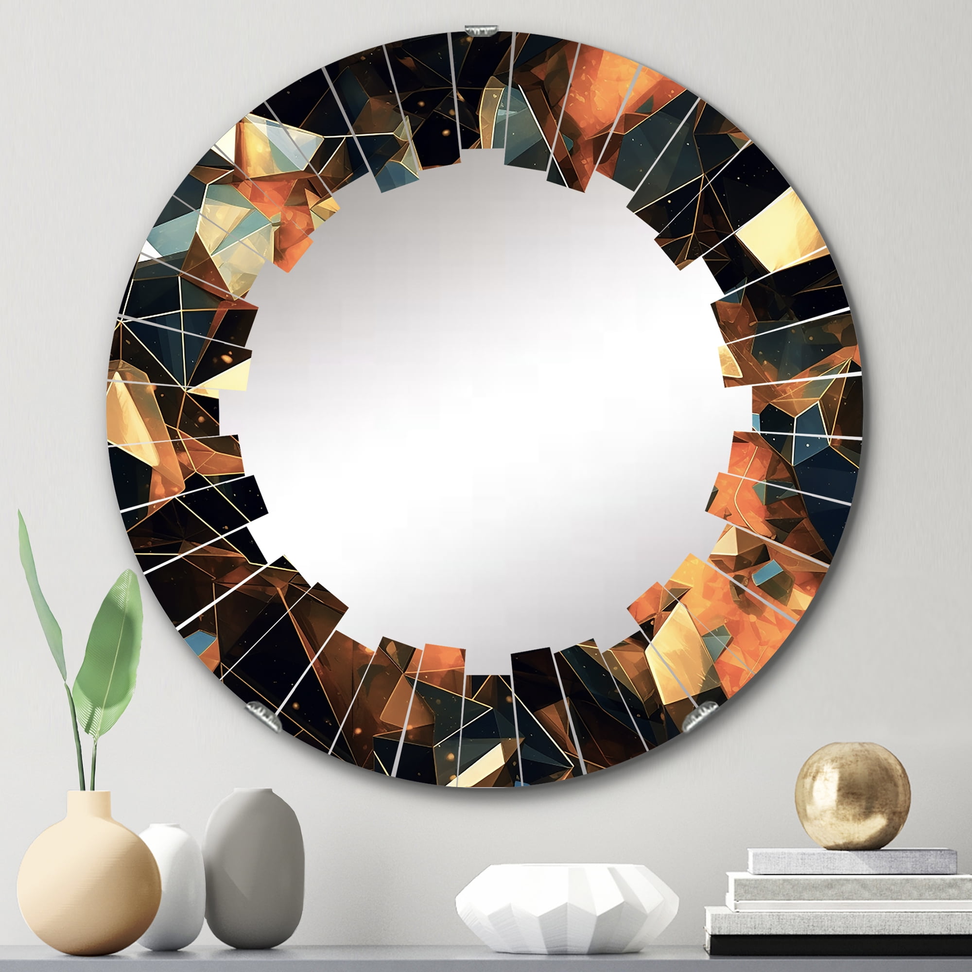 Designart "Cubist Visions in Gold I" Cubism Round Wall Mirror - Modern ...