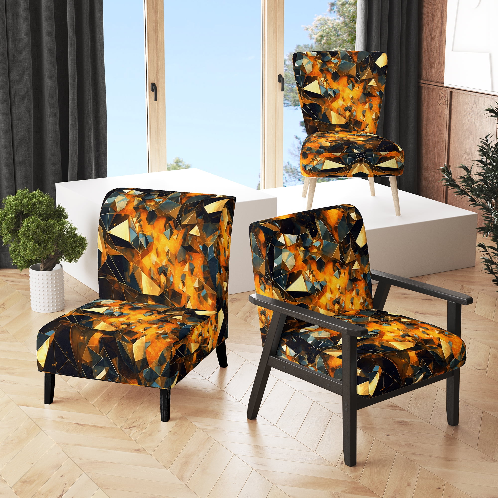 Designart "Cubist Visions in Gold I" Gold Cubism Upholstered Accent ...