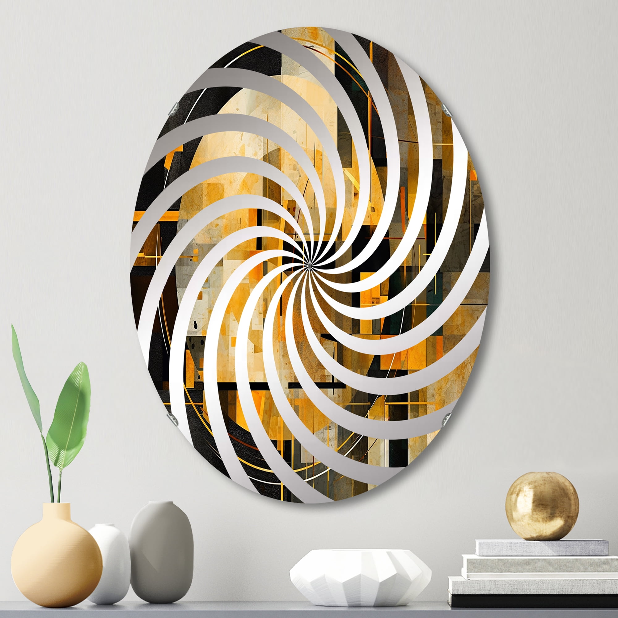 Designart "Cubist Visions in Gold and Black II" Cubism Vortex Round ...