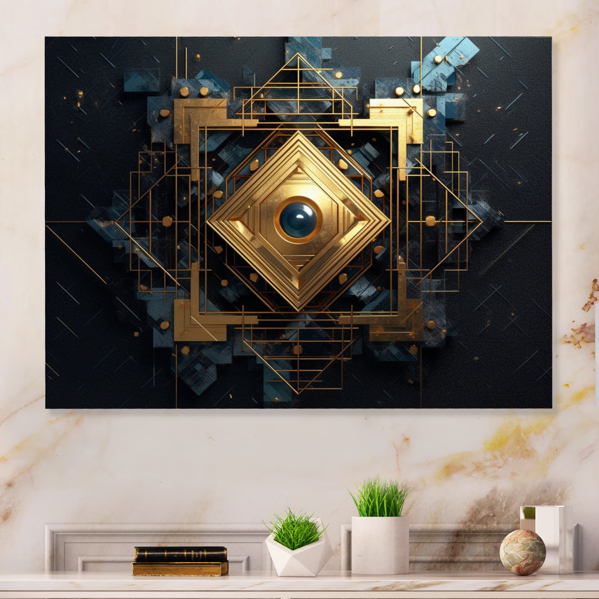 Designart "Cubist Visions in Gold and Black III" Cubism Metal Art ...