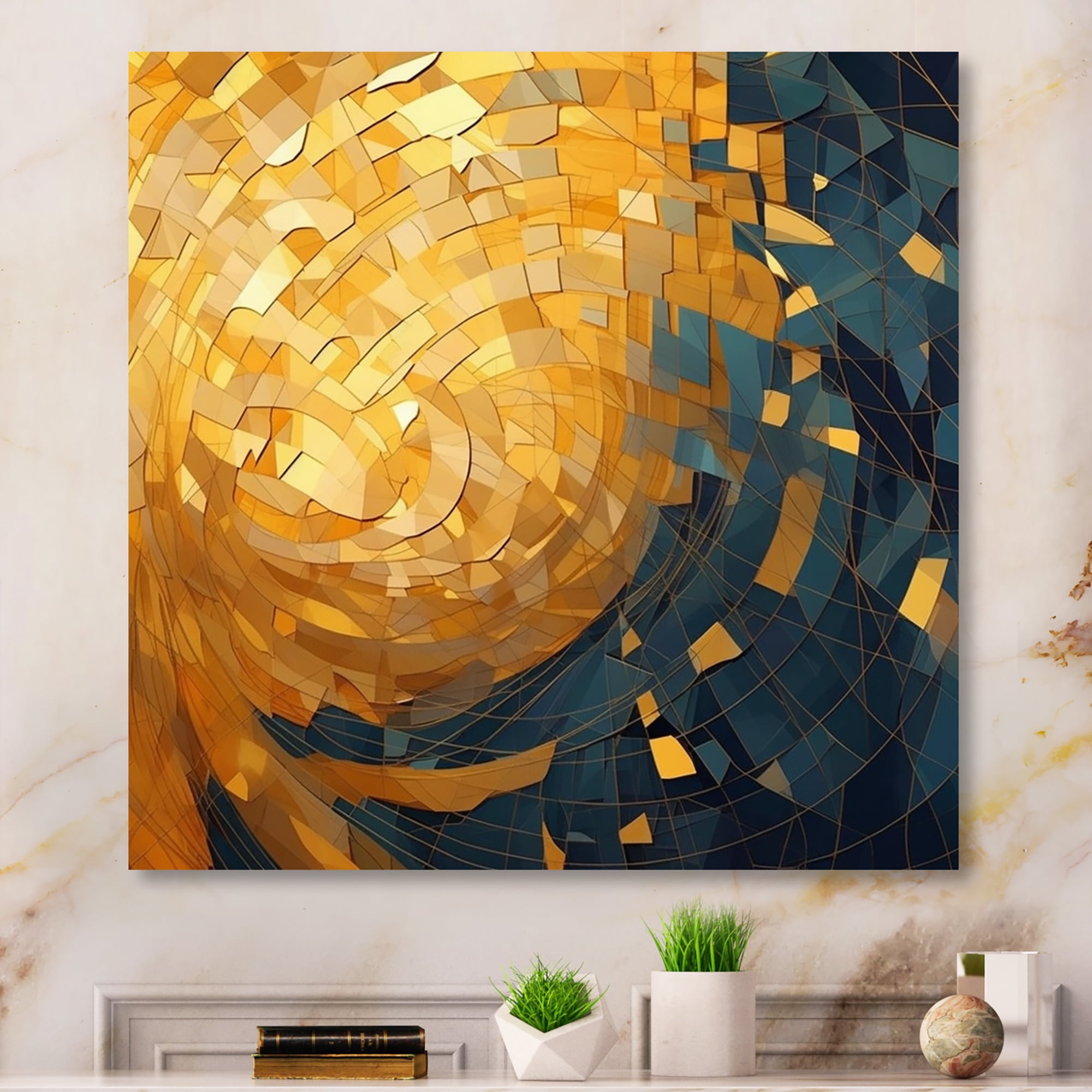 Designart "Cubist Visions in Gold and Black VI" Cubism Metal Wall Art ...