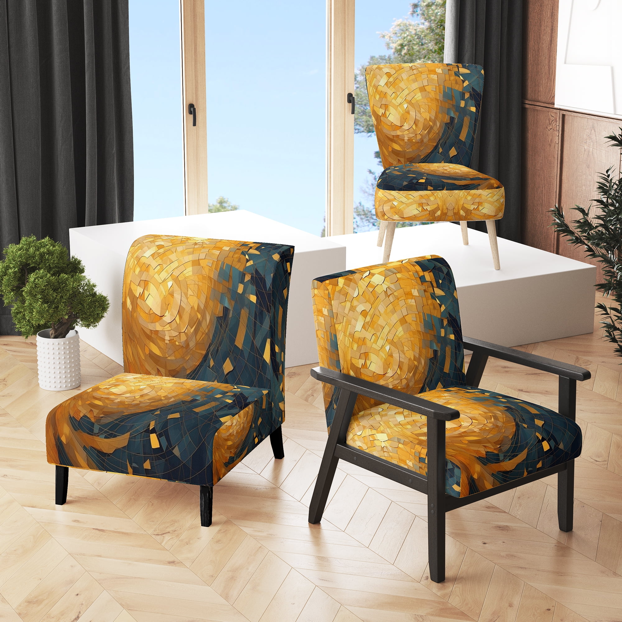 Designart "Cubist Visions in Gold and Black VI" Gold Cubism Upholstered ...
