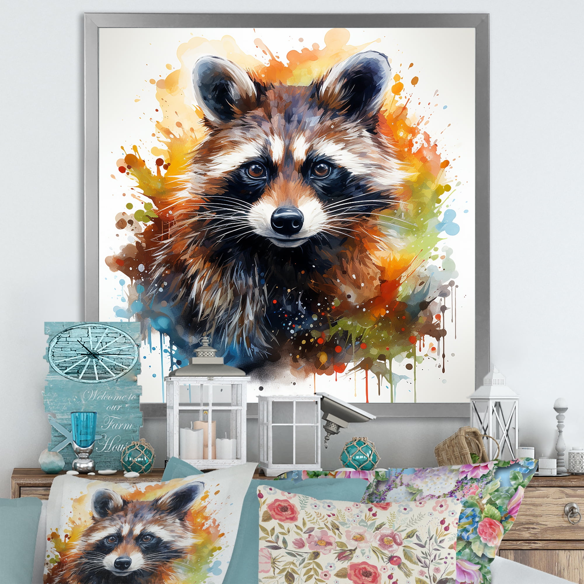 Designart "Curious Explorer Raccoon in Black and Orange" Animals Framed ...