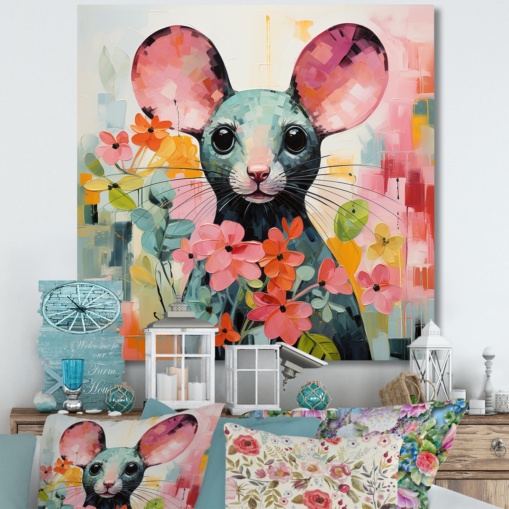 Designart "Curious Rat in Pink Blooms I" Animals Wall Art - Modern Pink ...