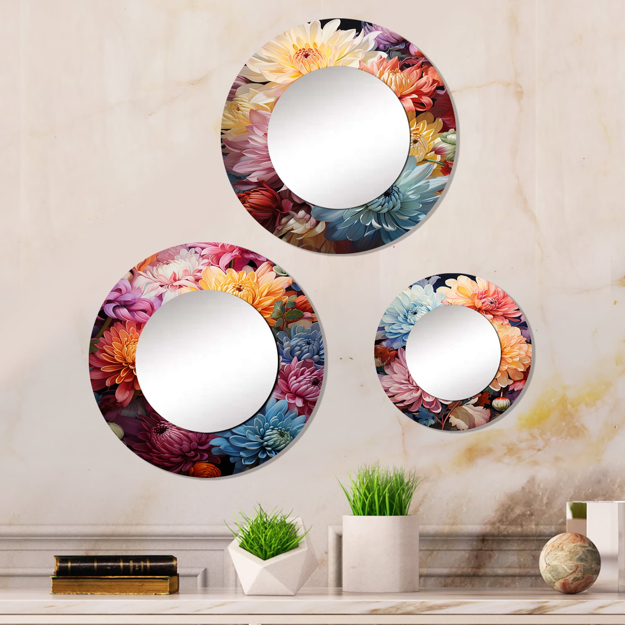 Designart "Curved Stems Of Graceful Mums" Mums Round Mirror Set Of 3 ...