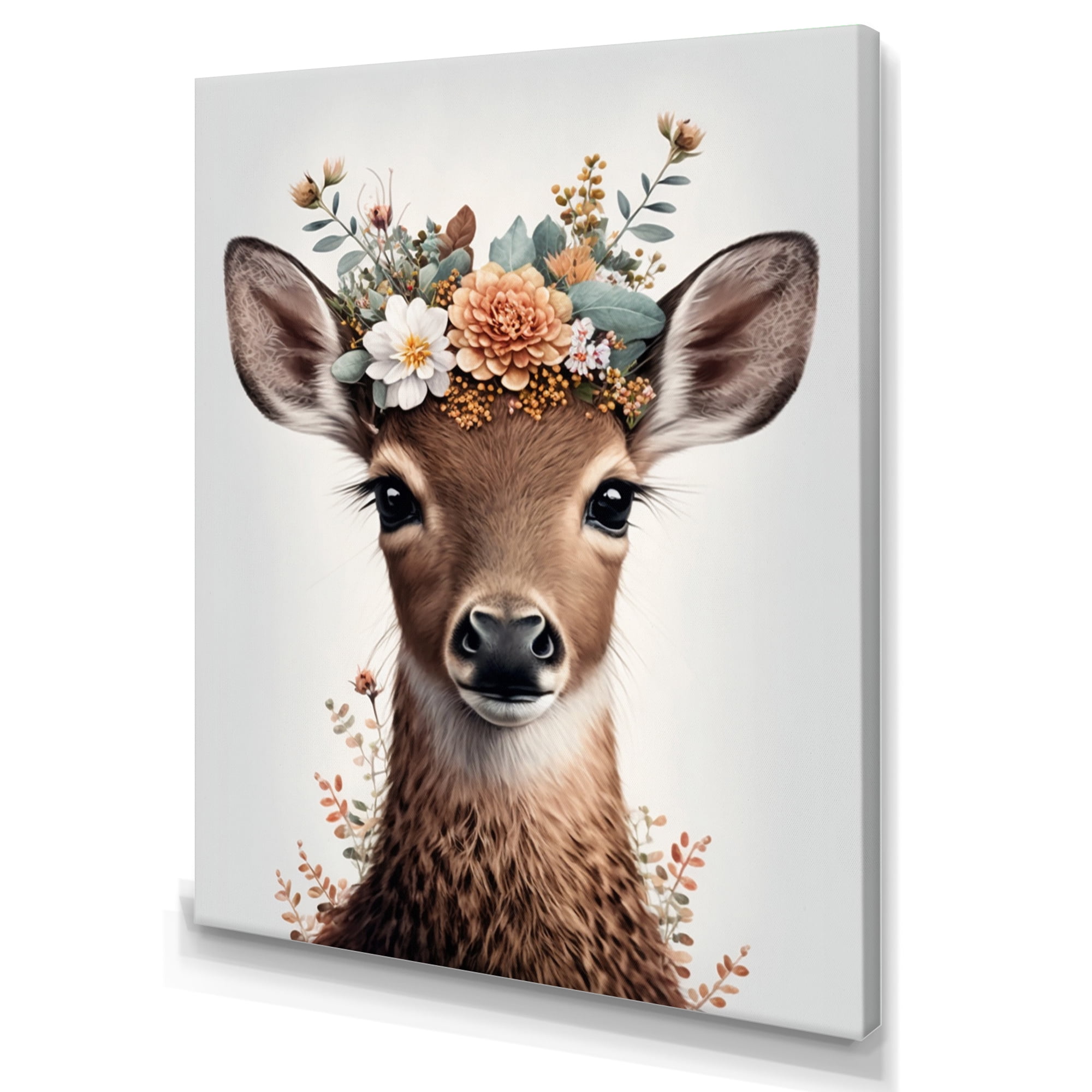 Designart Cute Baby Deer With Floral Crown III Canvas Wall Art ...