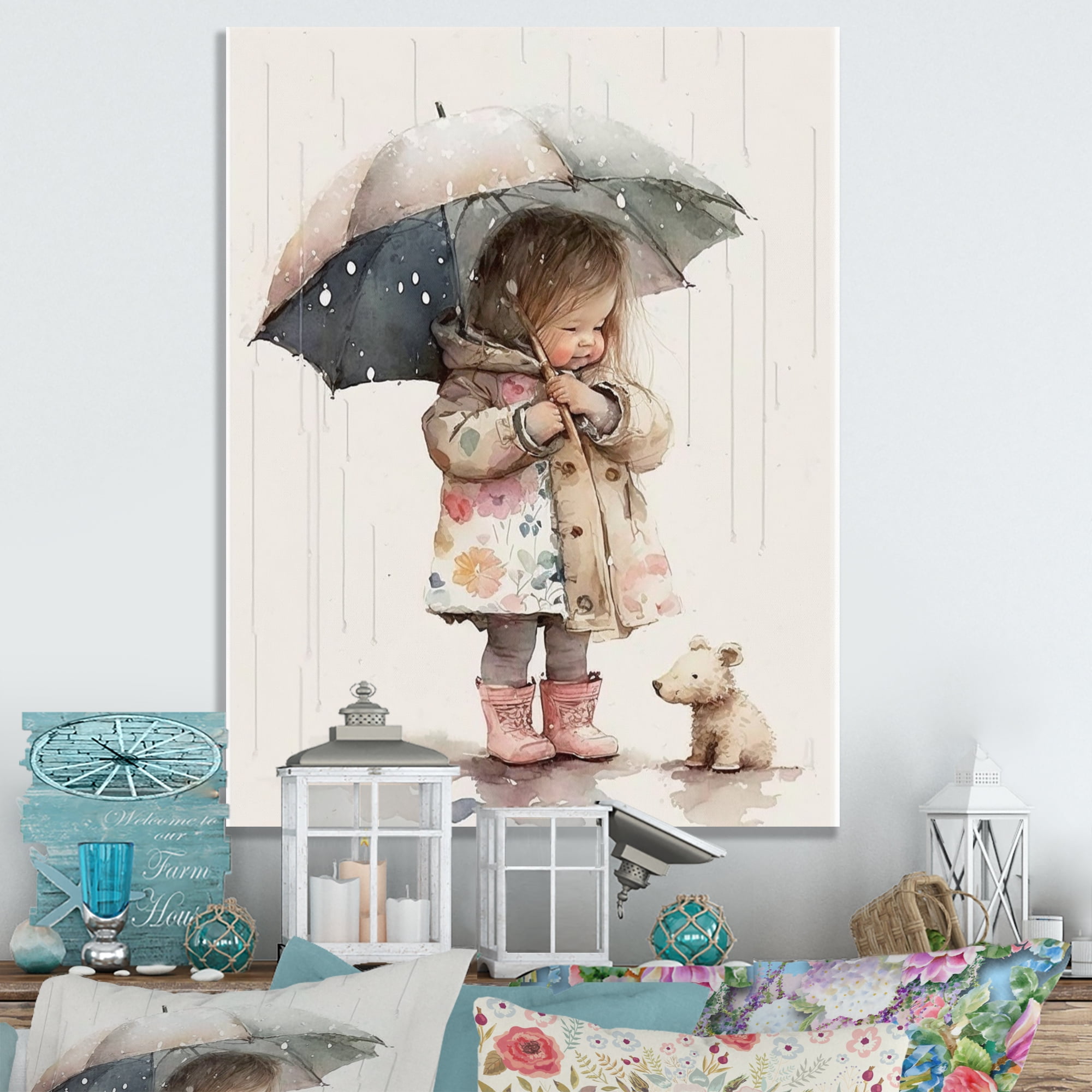 Designart "Cute Baby With Umbrella Rainy Day" Children'S Art Wall Art ...